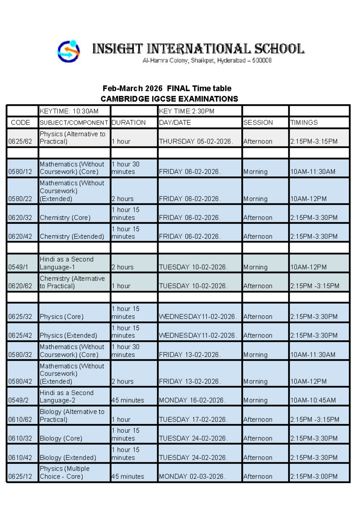 2026 IGCSE Final Exam Timetable: Cambridge Board - Studocu