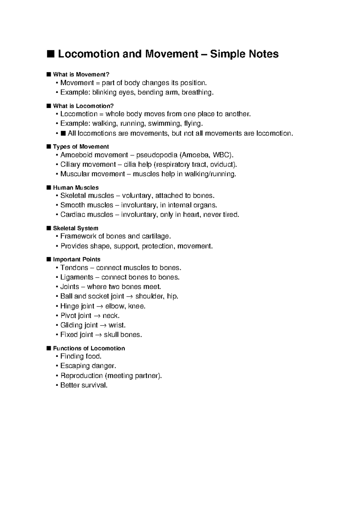 Biology 101: Simple Notes on Locomotion and Movement - Studocu