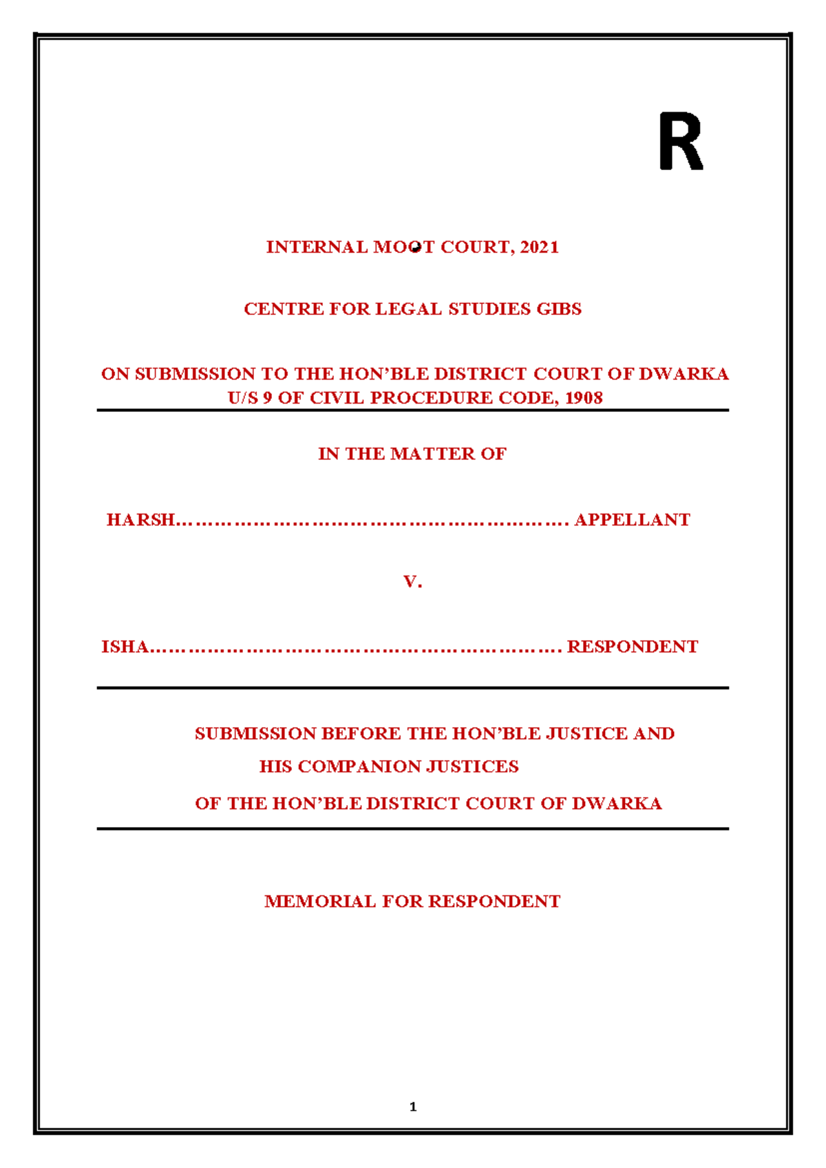 Moot Court Memorial for Respondent: R Internal Moot Court 2021 - Studocu