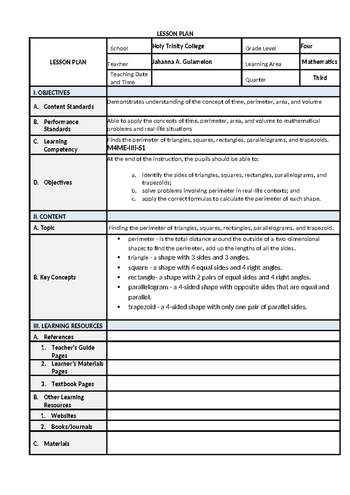 5E Lesson Plan for Mathematics: Finding Perimeter (Grade 4) - Studocu