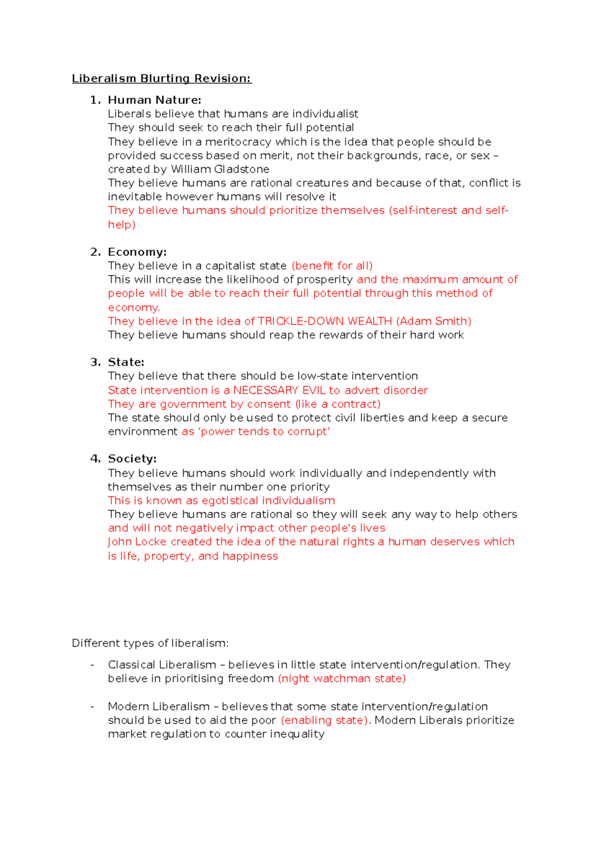 Liberalism Revision Notes: Key Concepts and Thinkers Overview - Studocu
