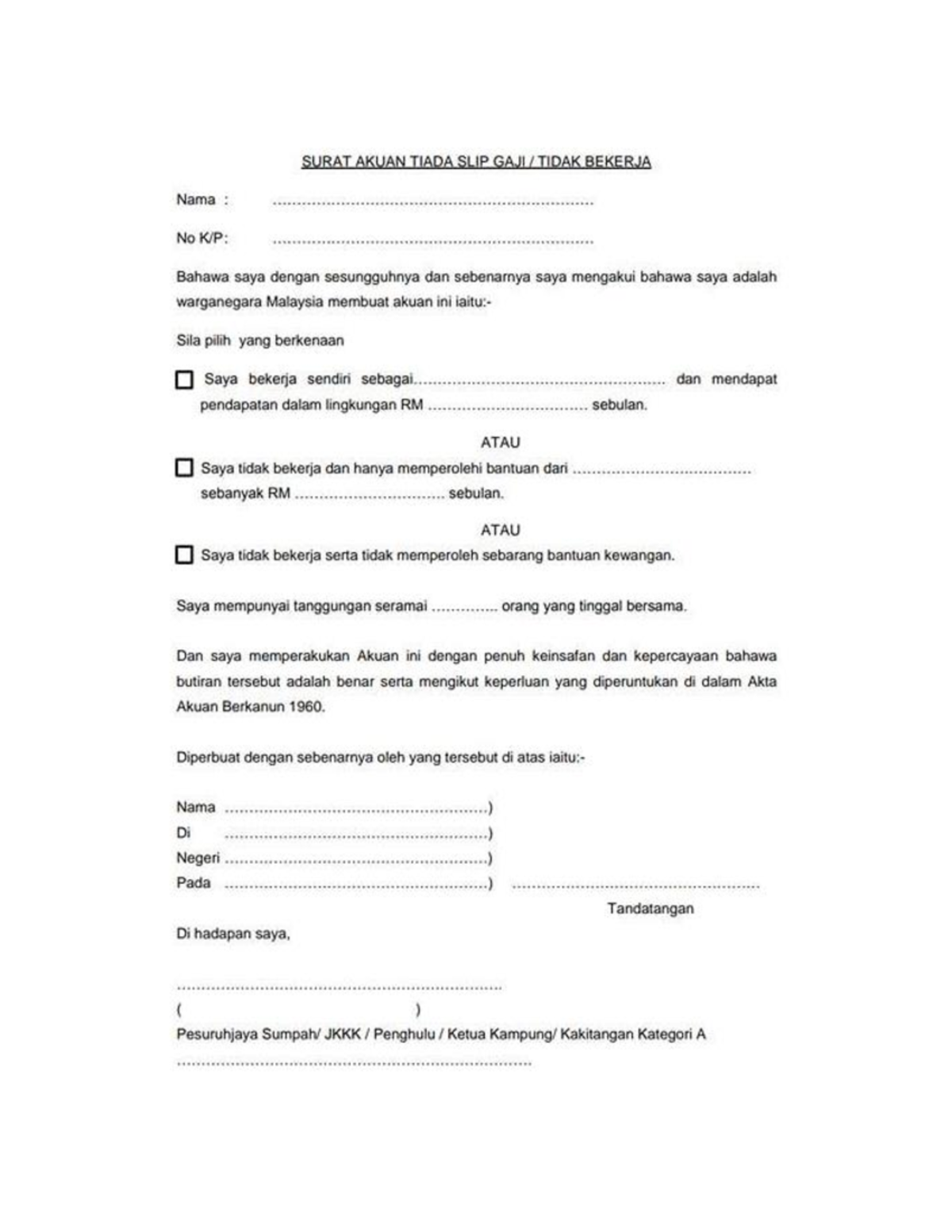 Surat Akuan Bersumpah Tiada Slip Bekerja dan Pendapatan Bulanan - Studocu