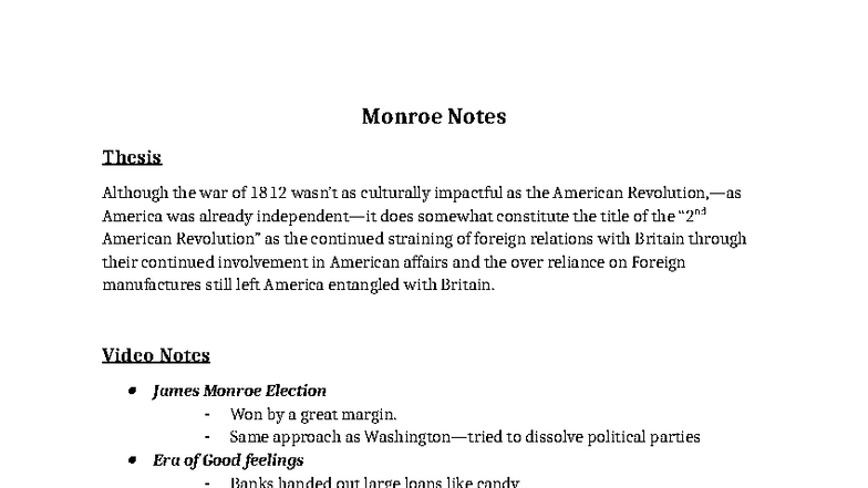 Lesson 24 Notes: Monroe Doctrine and the War of 1812 Impact - Studocu