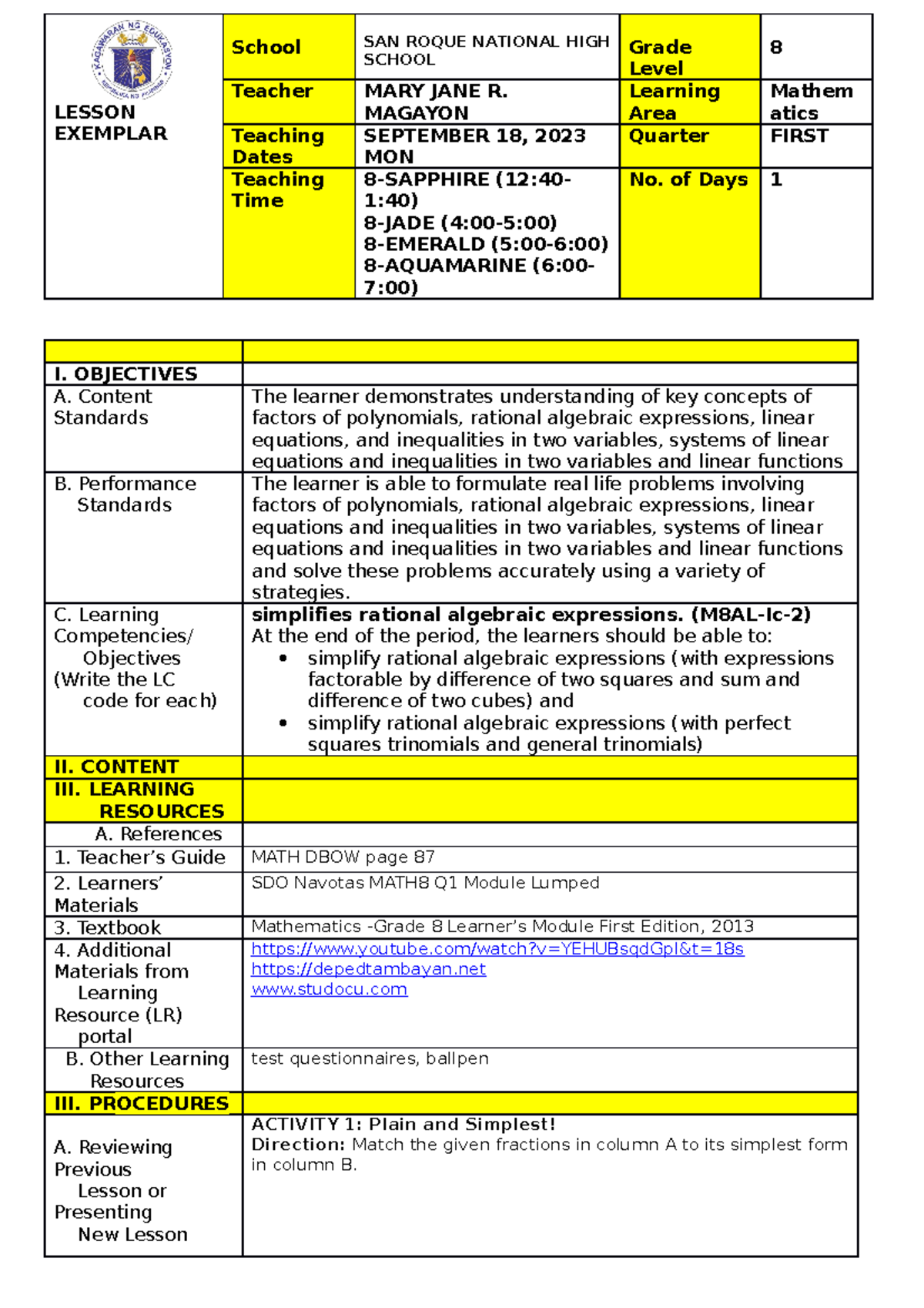Lesson on Simplifying Rational Algebraic Expressions (MATH8 Q1) - Studocu