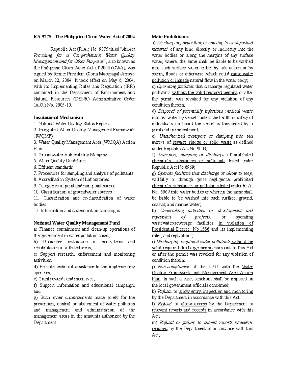 G3 Clean Water ACT - science activity - RA 9275 - The Philippine Clean ...