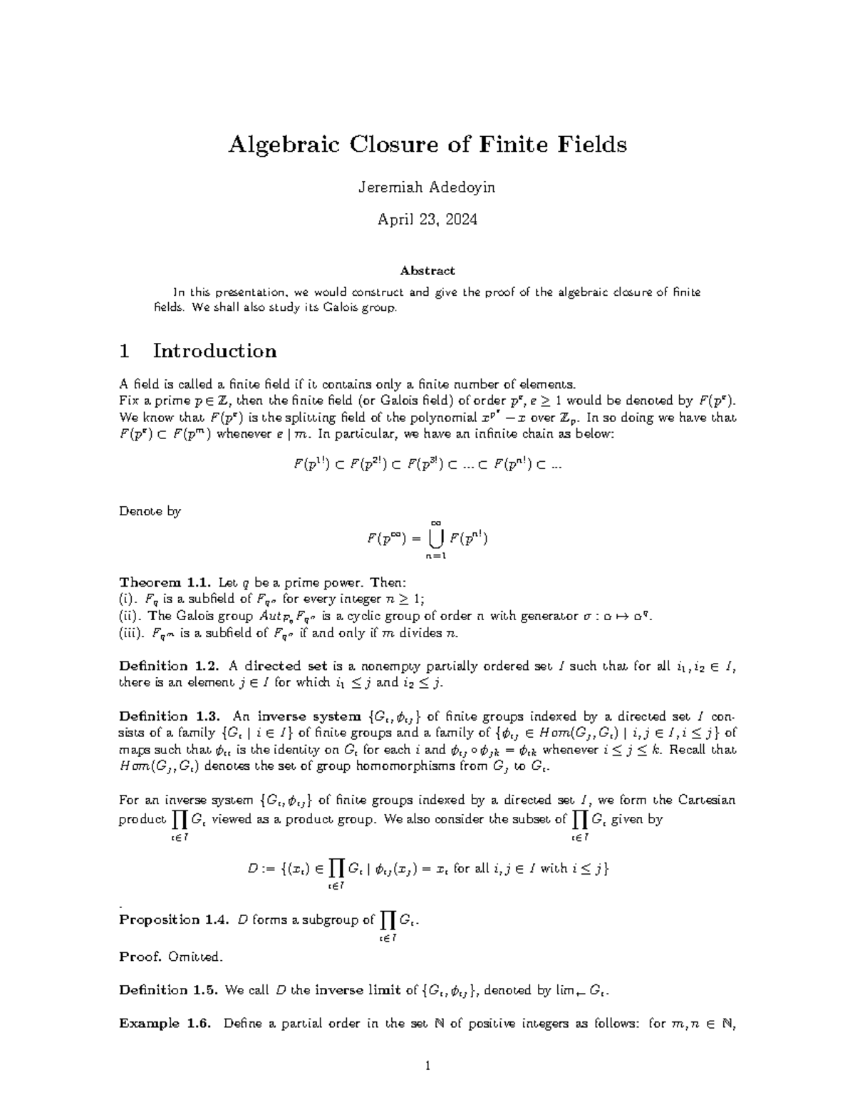 Algebraic Closure of Finite Fields: Insights and Proofs (MATH 601 ...