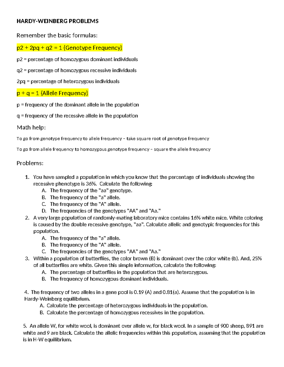 Hardy-Weinberg Sample Problems: Genotype & Allele Frequencies - Studocu