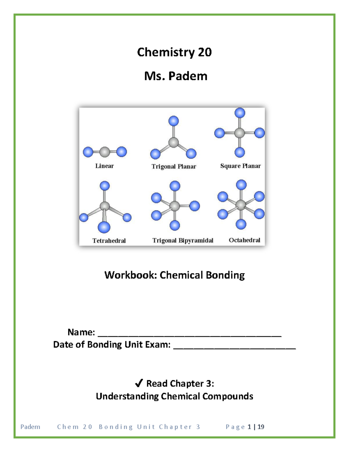 Chemistry 20 Final Exam: Bonding Workbook #2 - Chapter 3 - Studocu