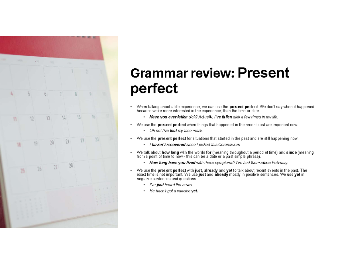 Grammar Review: Present Perfect, Present Continuous & Past Simple - Studocu