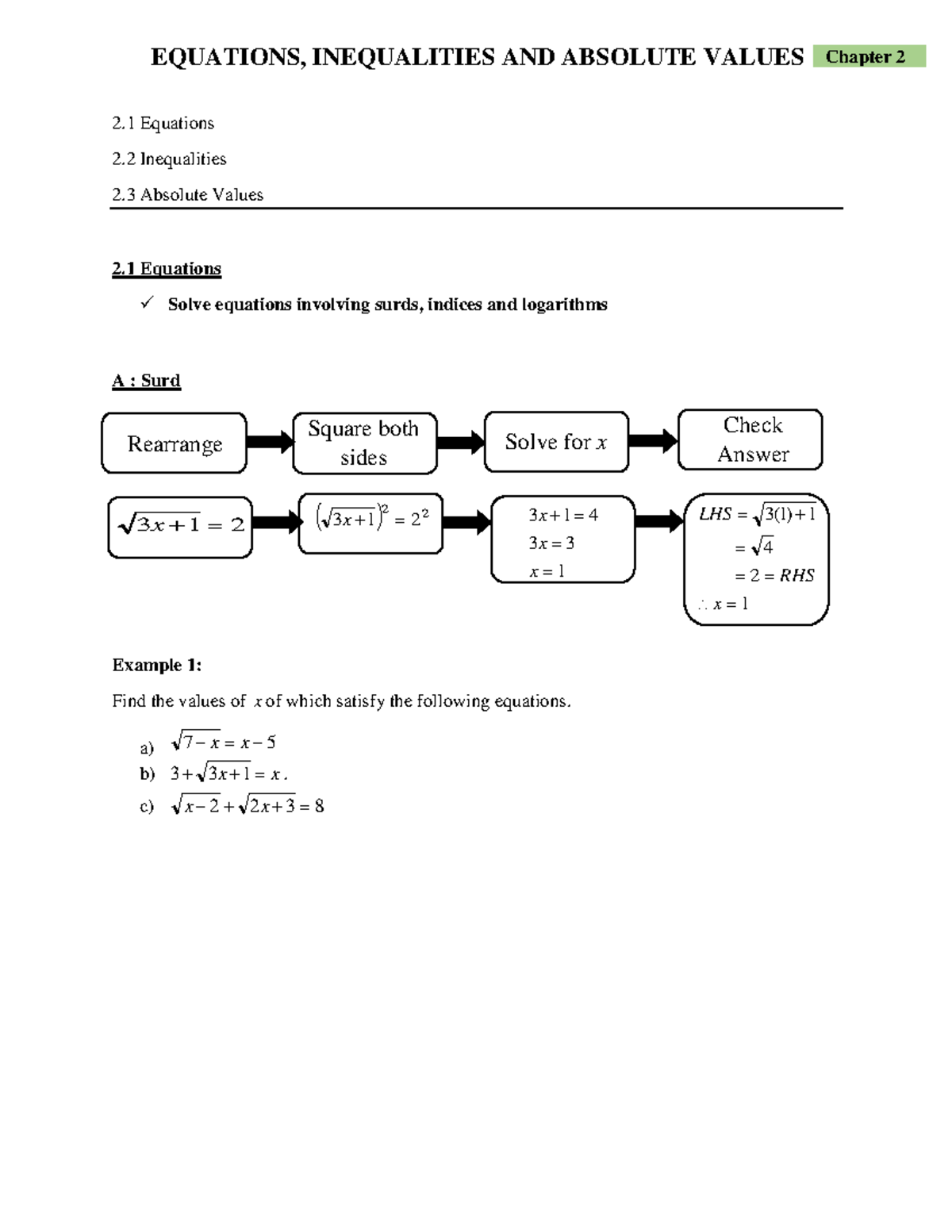 Chapter 2: Equations, Inequalities, and Absolute Values (Math 101) - Studocu