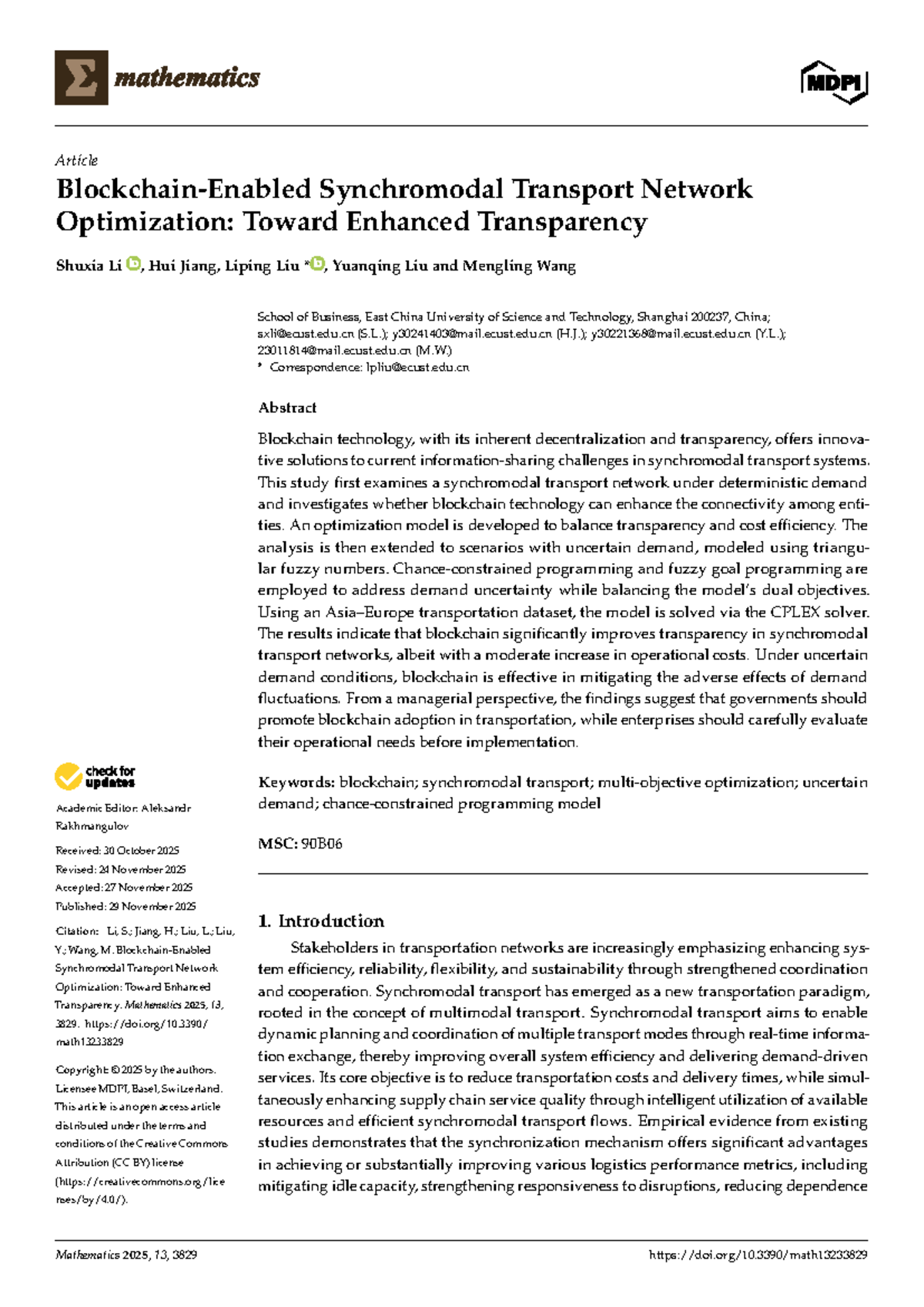 Mathematics 2025 Optimizing Synchromodal Transport Networks With
