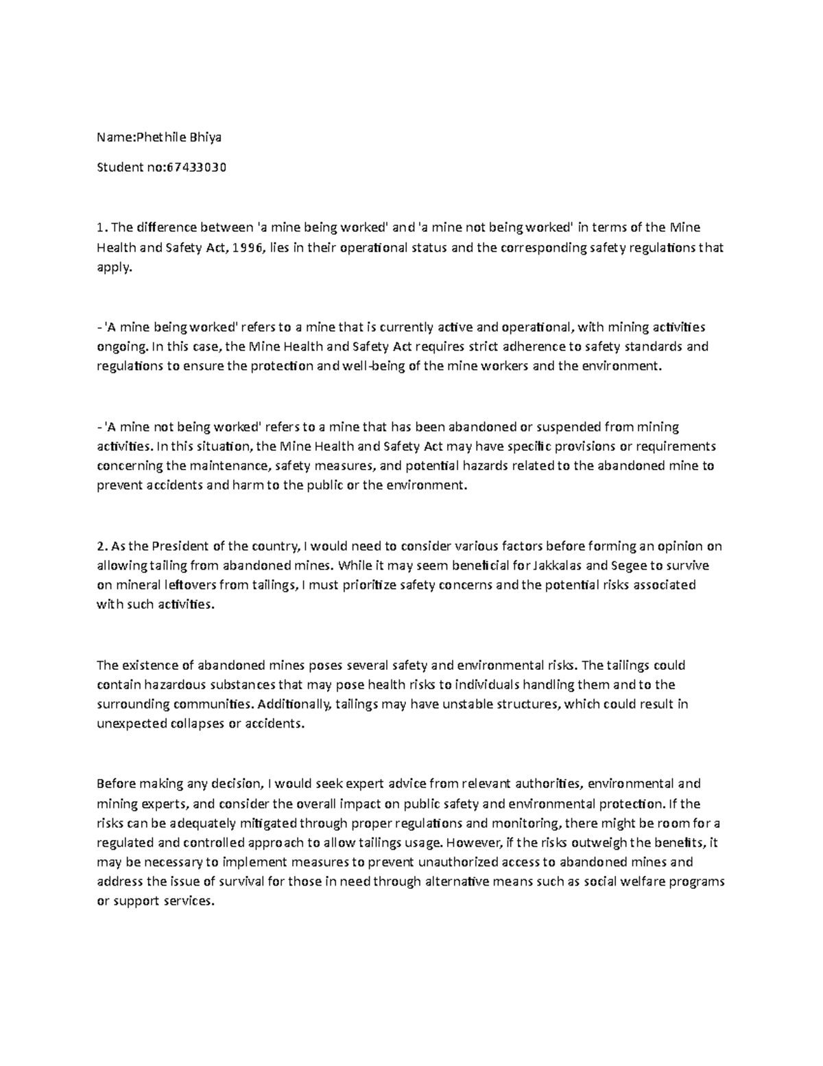 OHS Assignment: Understanding Mine Safety Regulations and Risks - Studocu