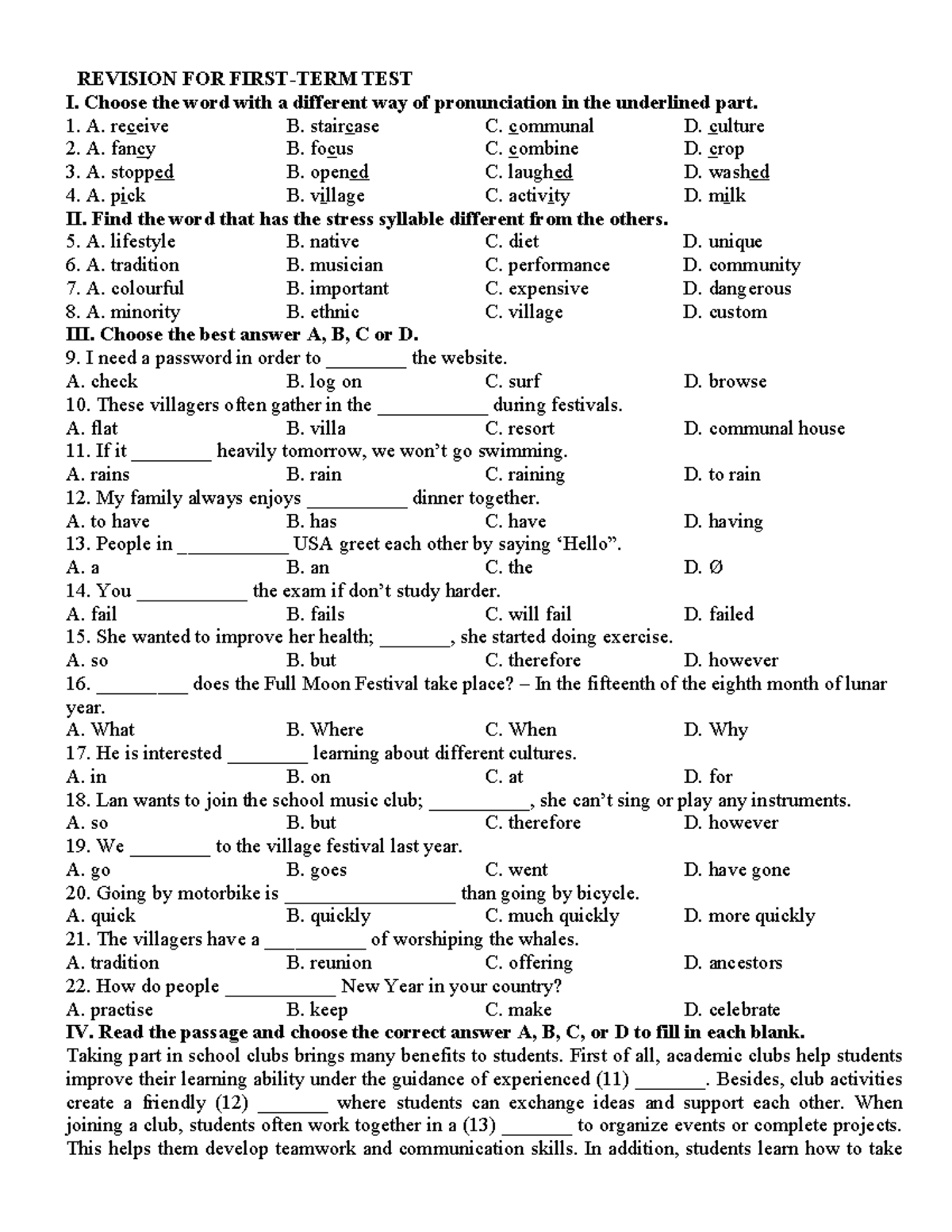 REVISION FOR TEST I: Pronunciation and Stress Patterns - Grade 8 - Studocu