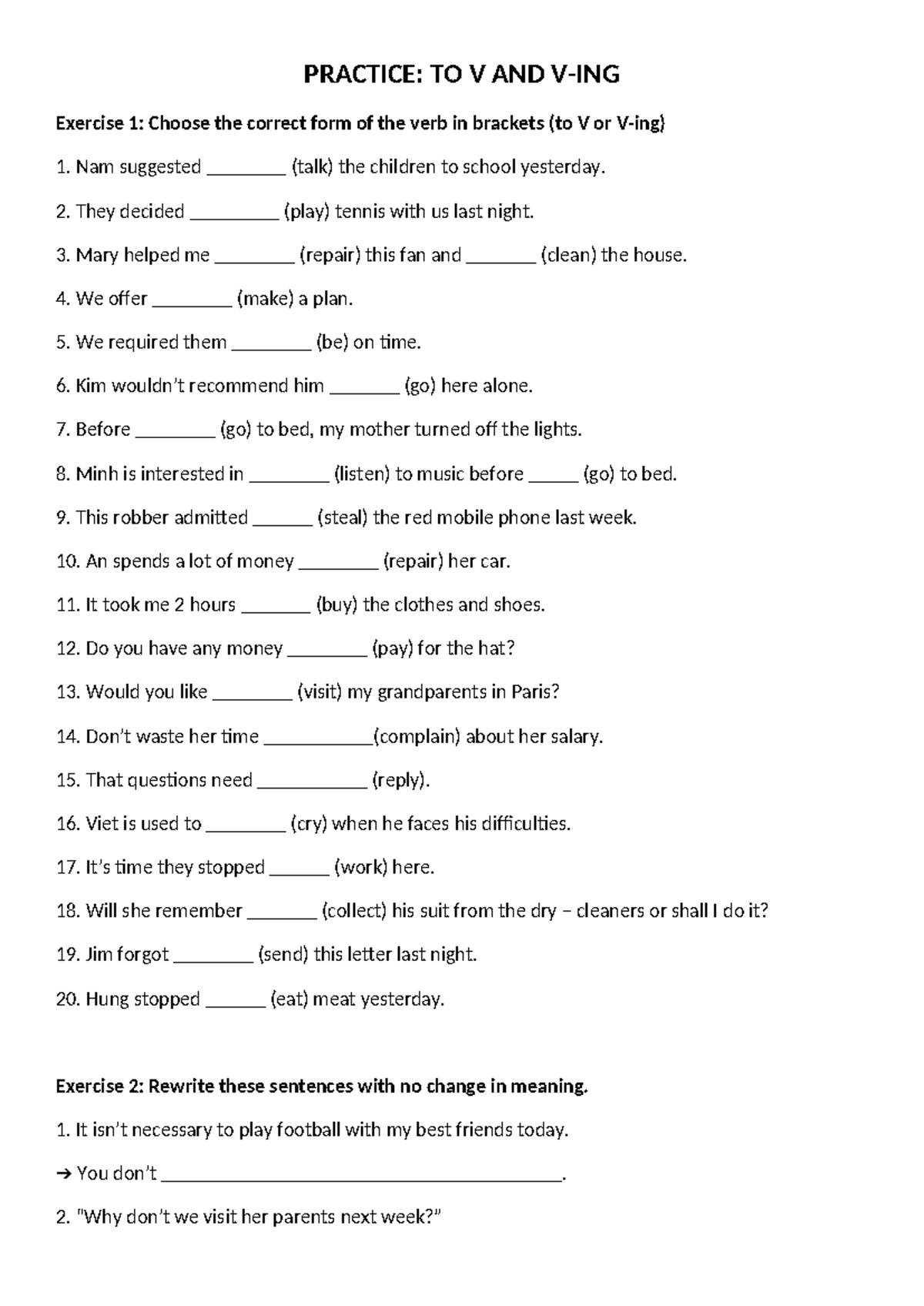 Practice: TO V and V-ING Exercises for English Grammar - Studocu
