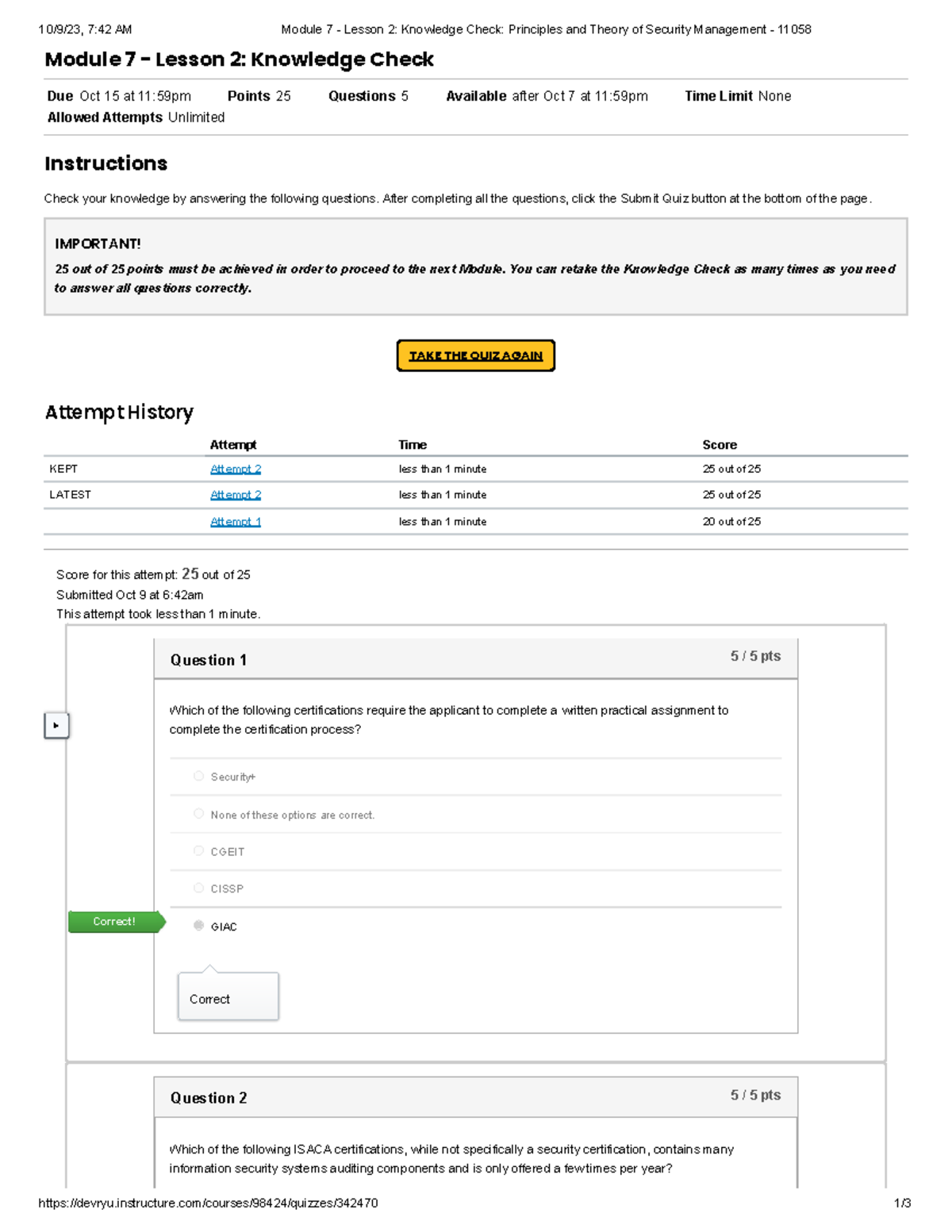 Module 7 - Lesson 2 Knowledge Check: Principles of Security Mgmt - 25 pts - Studocu