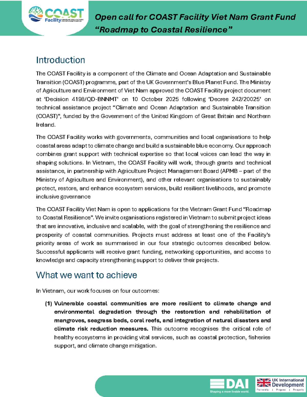 Coast Facility Viet Nam Grant Fund: Open Call for Applications - Studocu