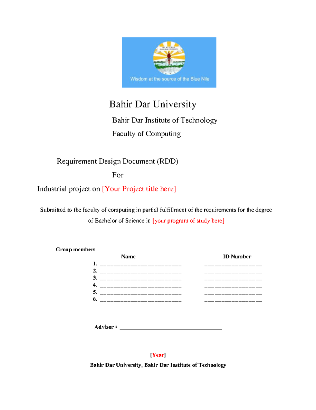 Annex II Documentation template For Requirement Design Document RDD - Bahir Dar University Bahir ...