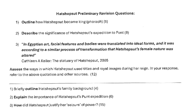 Revision Questions on Hatshepsut - Preliminary Exam Prep - Studocu