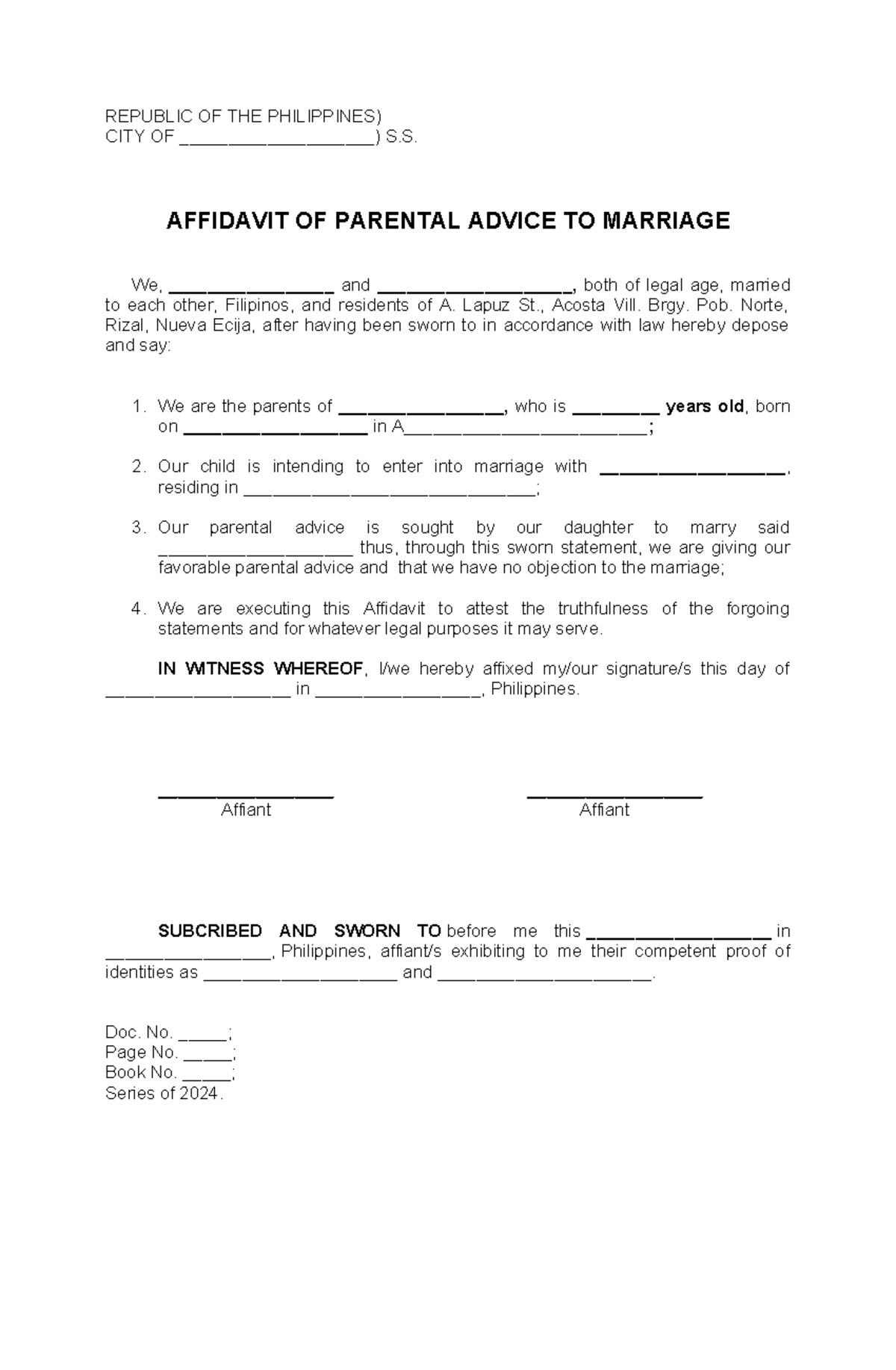 Affidavit of Parental Advice to Marriage - Legal Document Sample - Studocu