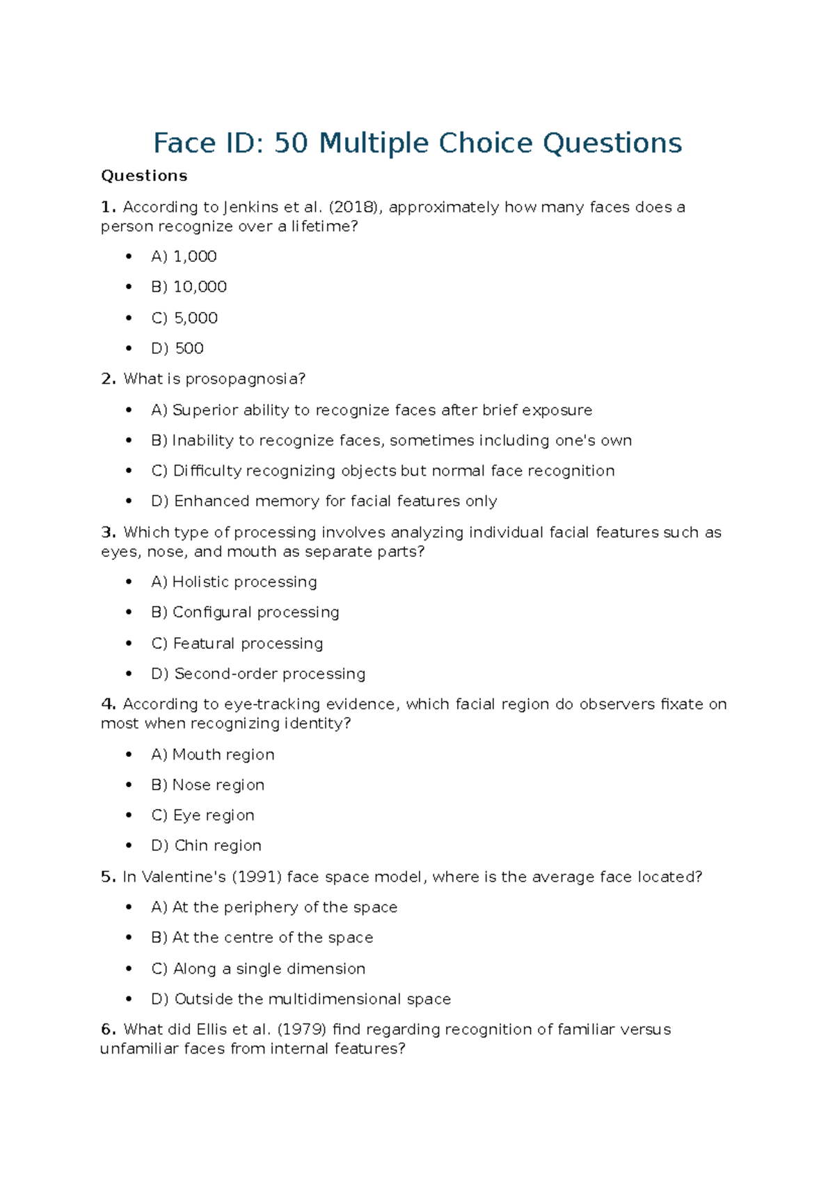 Face ID: 50 MCQs from Lecture Notes on Face Recognition - Studocu
