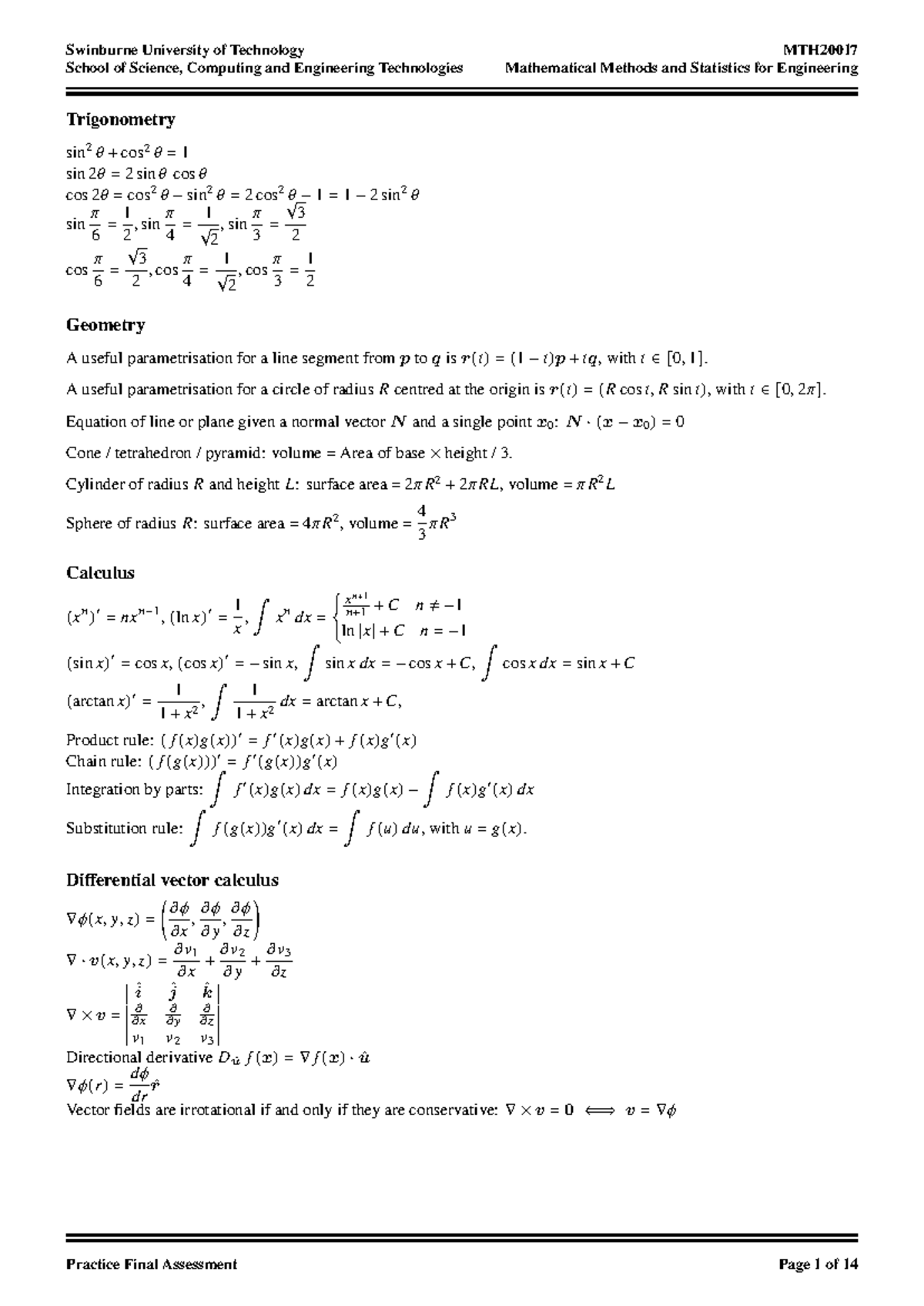 MTH20017 Final Exam Formula Sheet for Mathematical Methods and ...