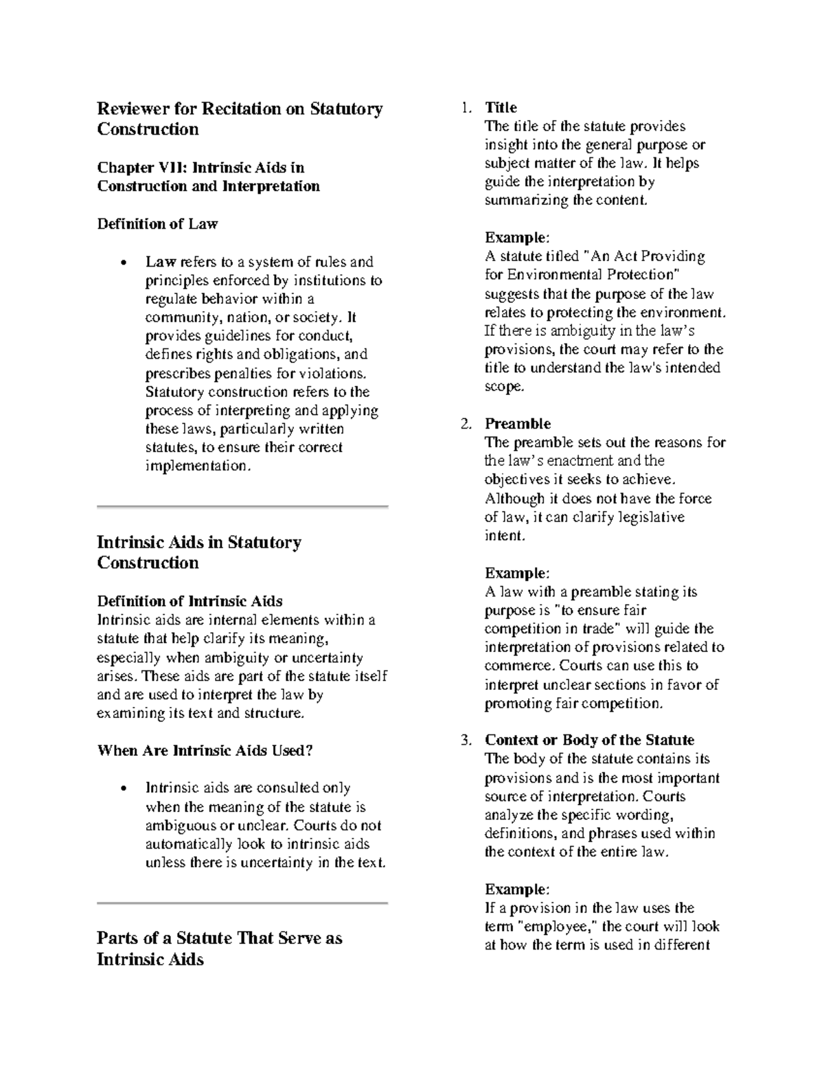 Stat - Chapter 7 - Intrinsic Aids in Statutory Construction - Studocu