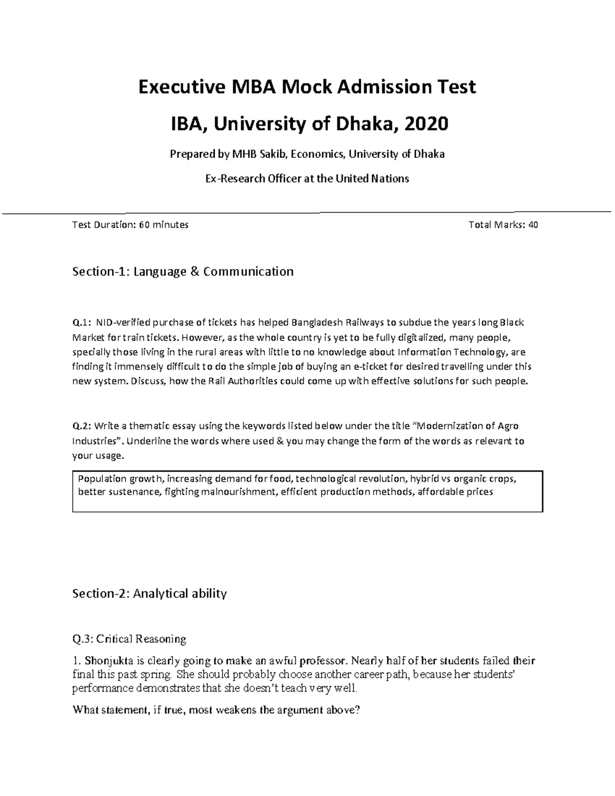 Executive MBA Mock Admission Test - IBA, Dhaka 2020 by MHB Sakib - Studocu