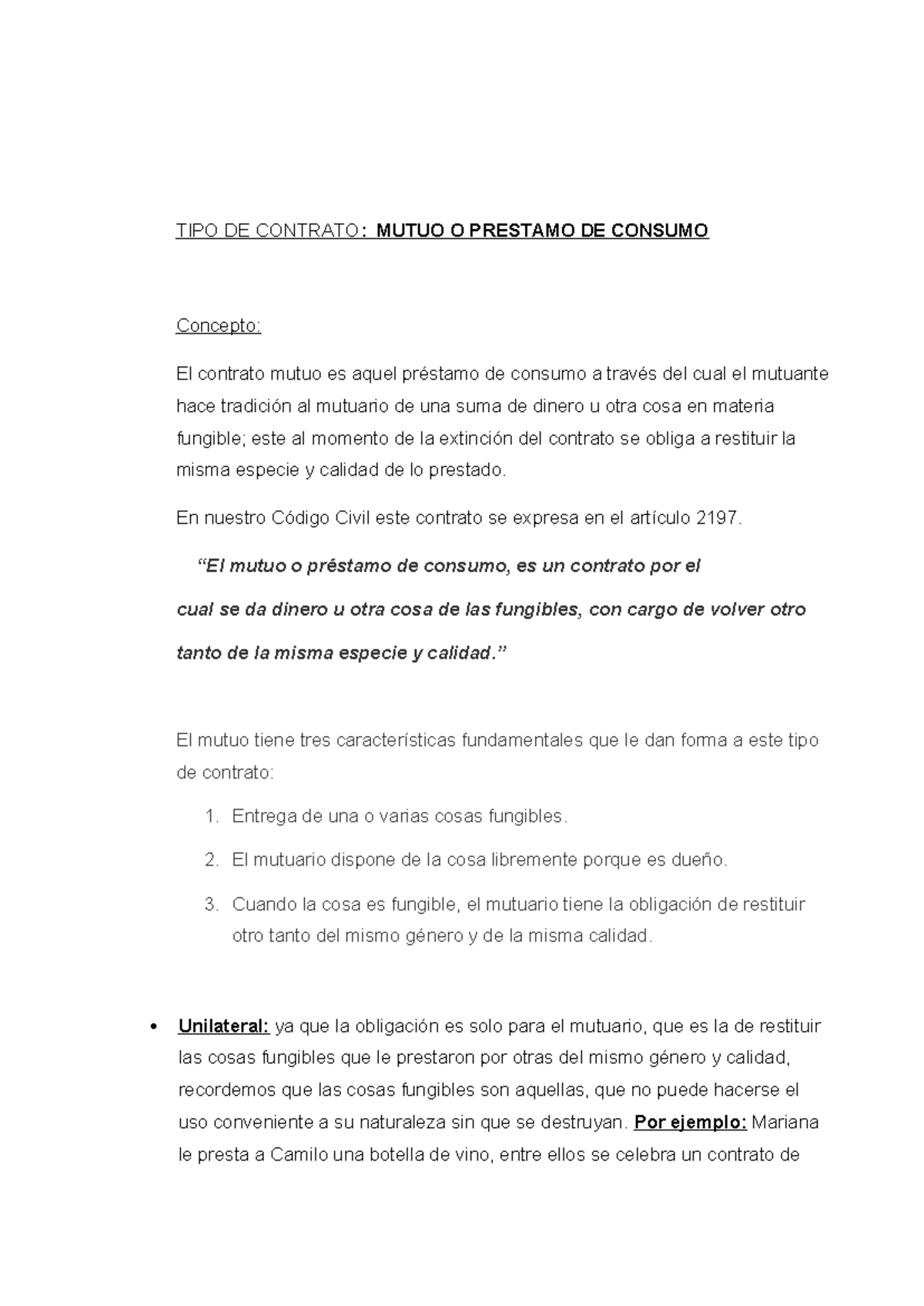 Contrato Mutuo: Resumen y Características del Préstamo de Consumo - Studocu