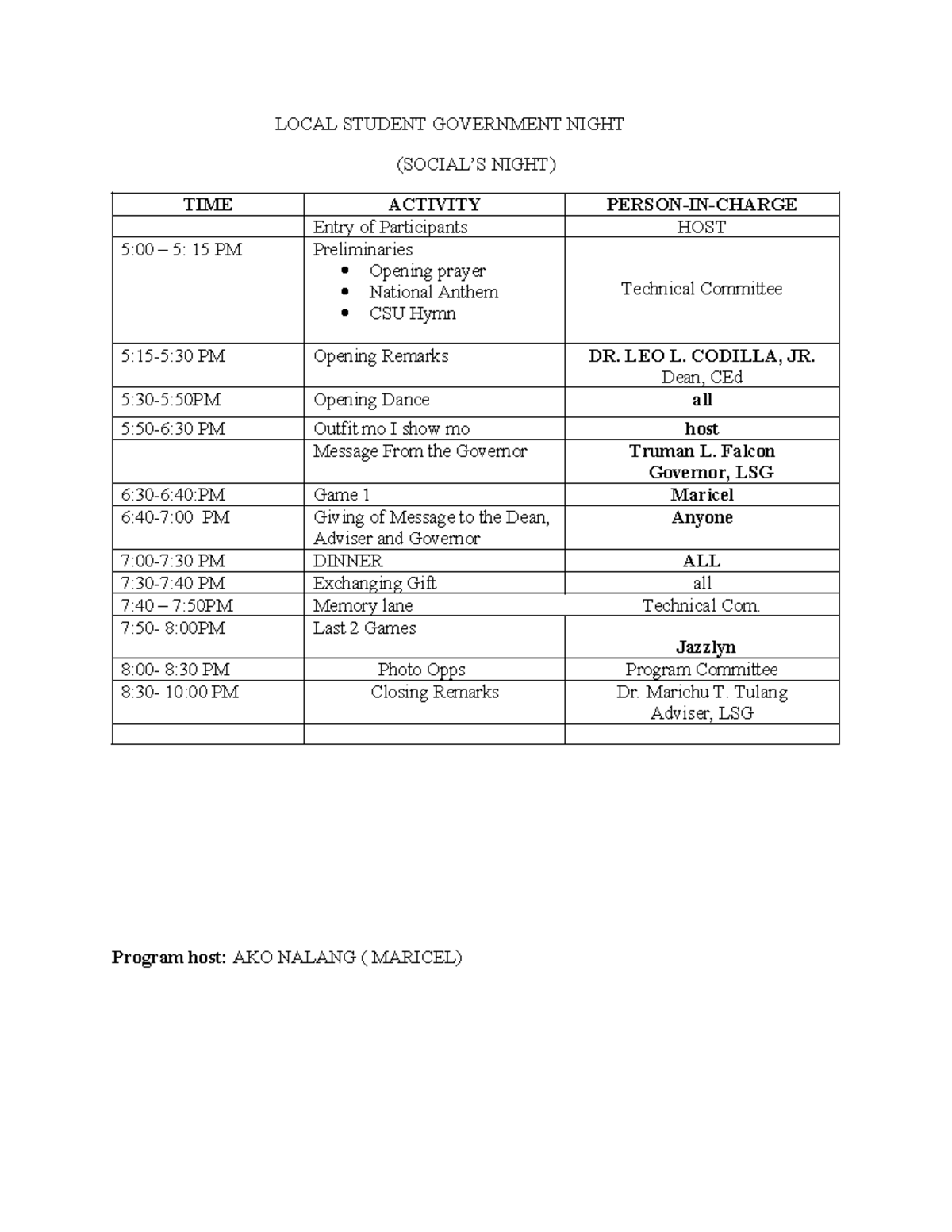 Socials Night Program Flow - Local Student Government Event - Studocu
