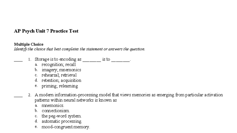 AP Psych Unit 7 Practice Test: Memory and Cognition Concepts - Studocu