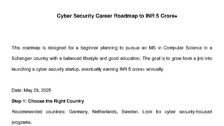 Cyber Security Career Roadmap for MS in CS - INR 5 - Studocu