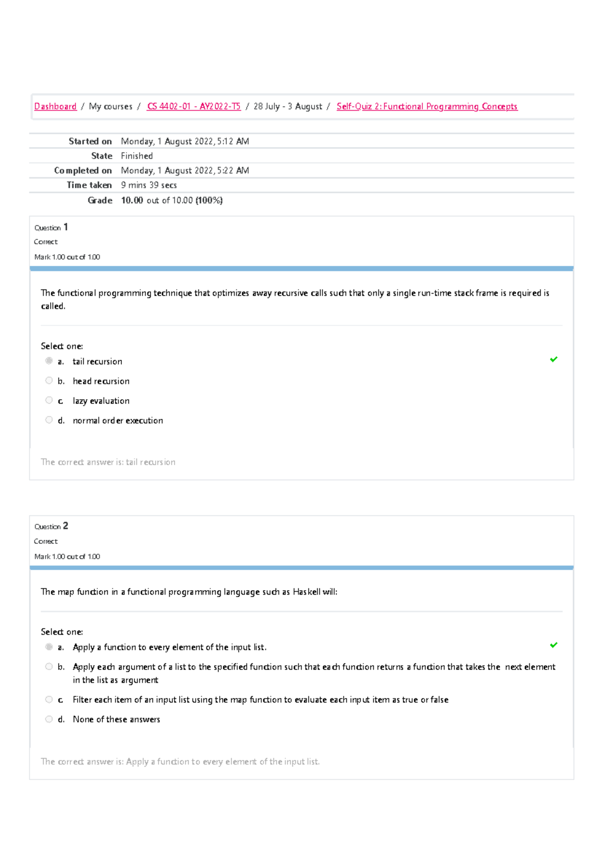 Unit 7 Self 2 Comparative Programming Languages Self Quiz Started On Monday 1 August 2022