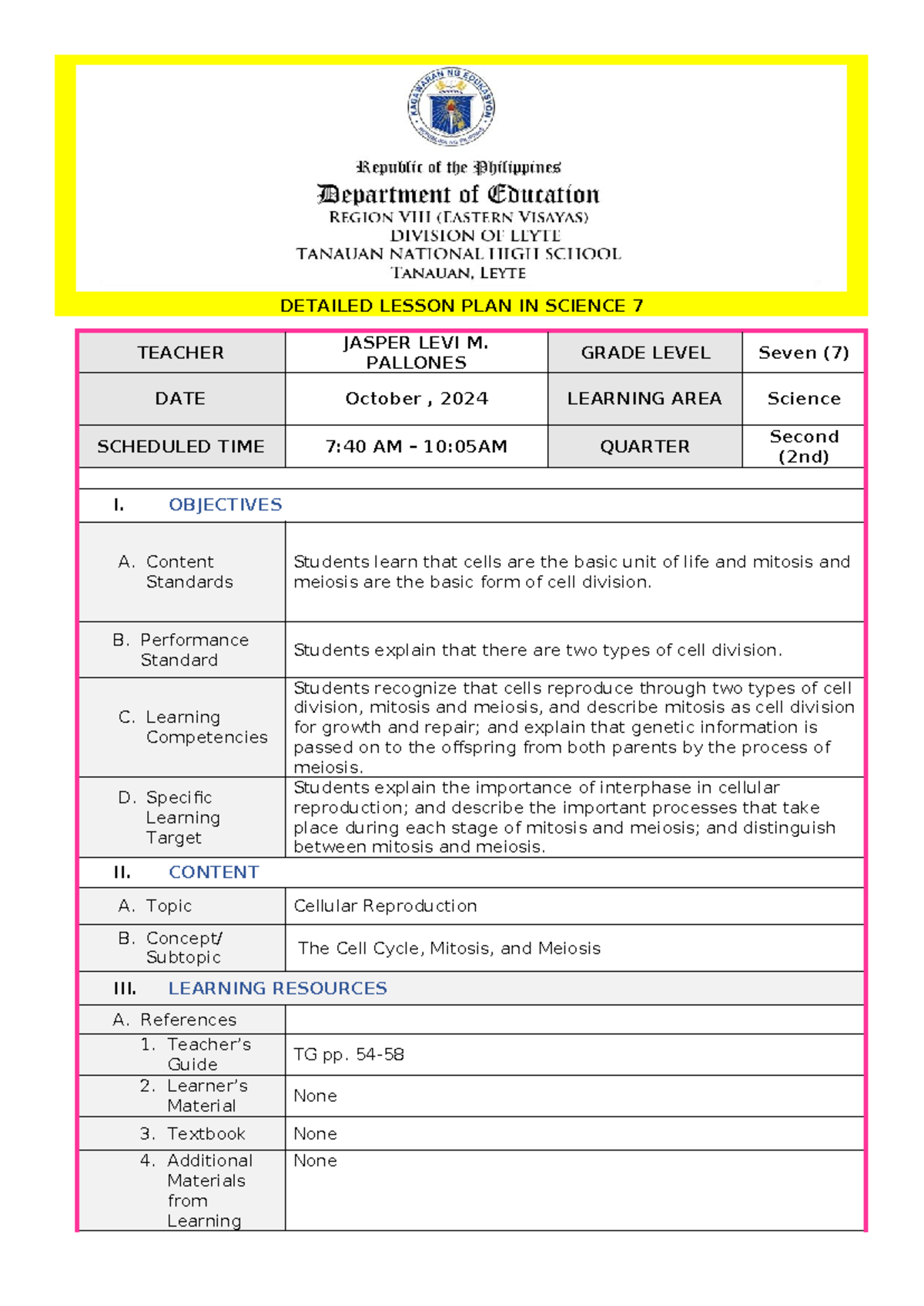 Detailed Lesson Plan on Cellular Reproduction: Mitosis & Meiosis (Sci 7 ...