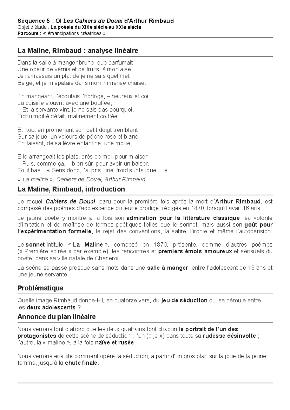 Analyse linéaire : "La Maline" d'Arthur Rimbaud - Bac Parcours Émancipation - Studocu