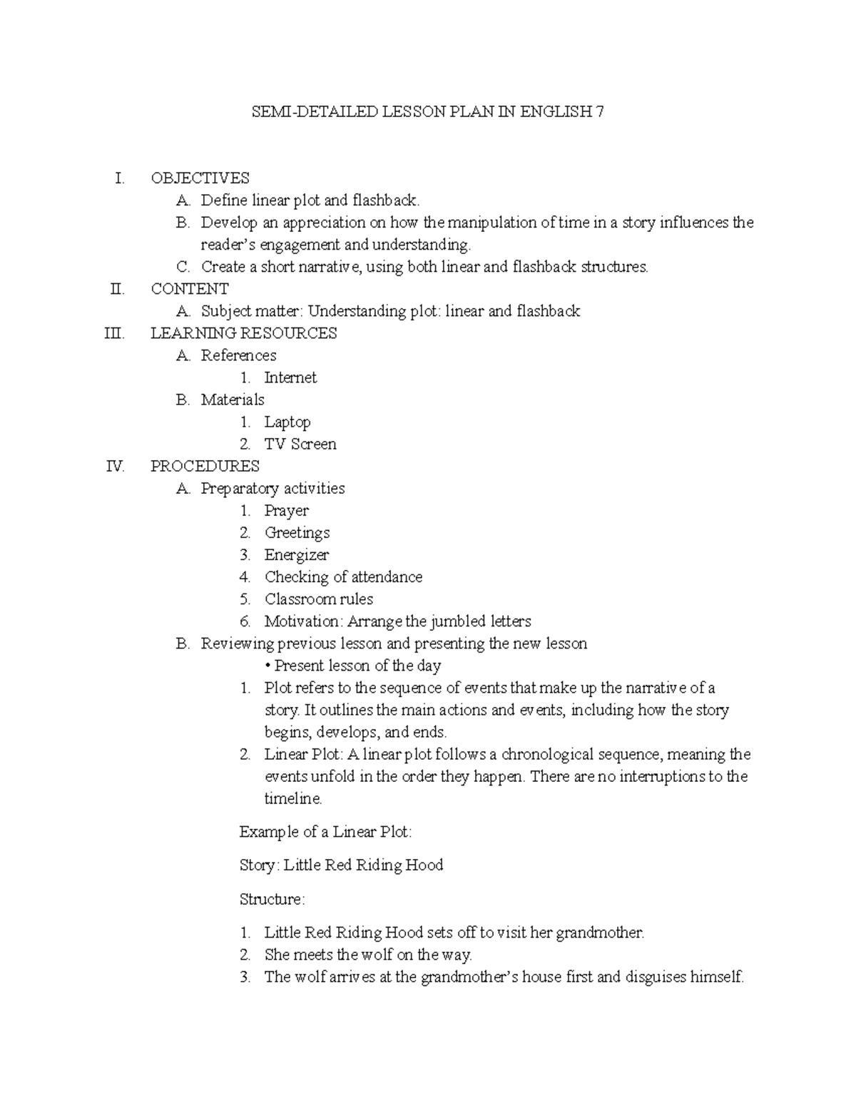 ENGLISH 7: LESSON PLAN ON LINEAR PLOT & FLASHBACK - Studocu