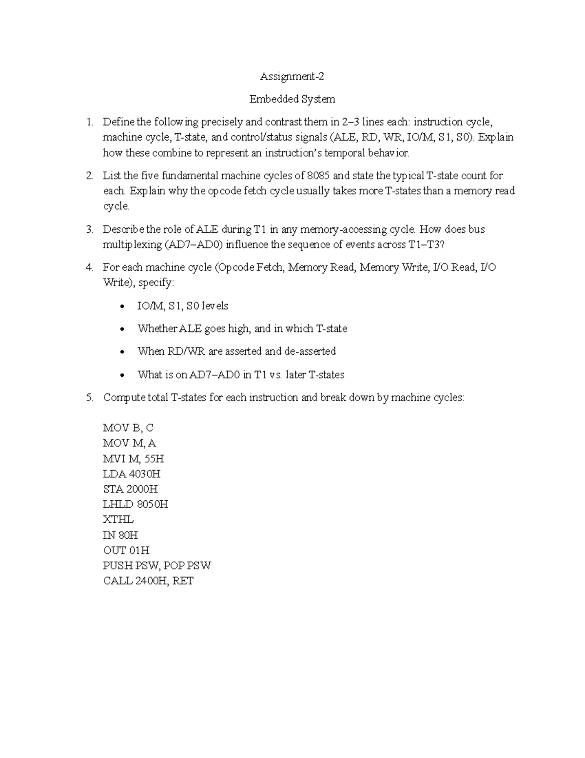 Embedded System 1: Assignment 2 on Machine Cycles & Signals - Studocu