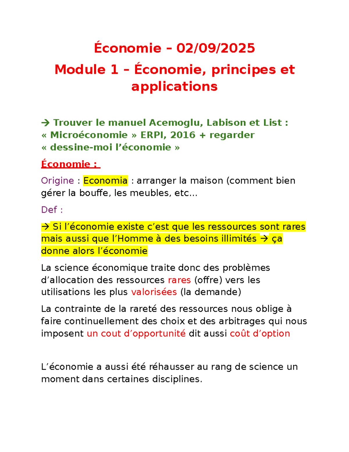 Économie Module 1 : Principes et Applications - Notes de Cours - Studocu