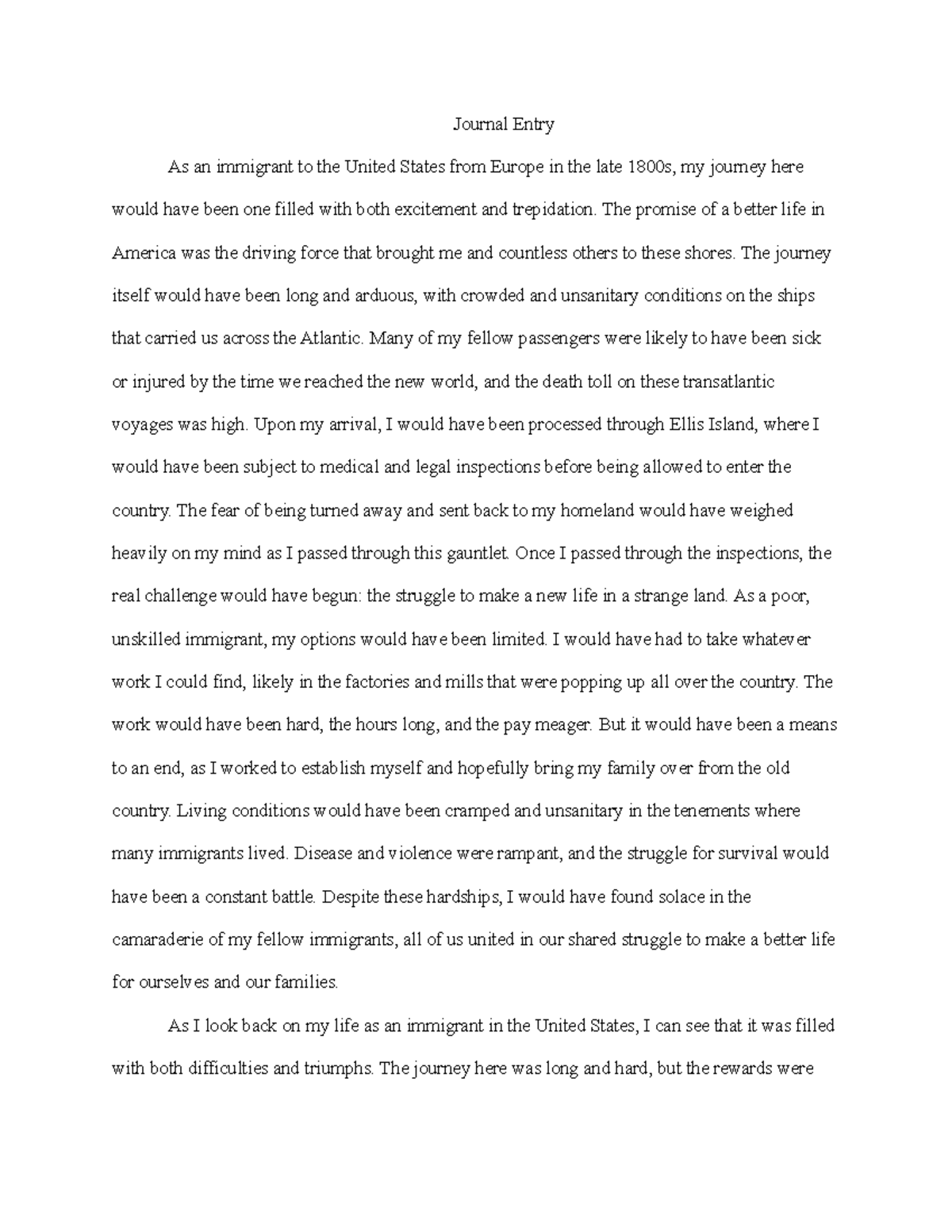 Historical Journal Entry: Immigrant Experience in the Late 1800s-ONL ...