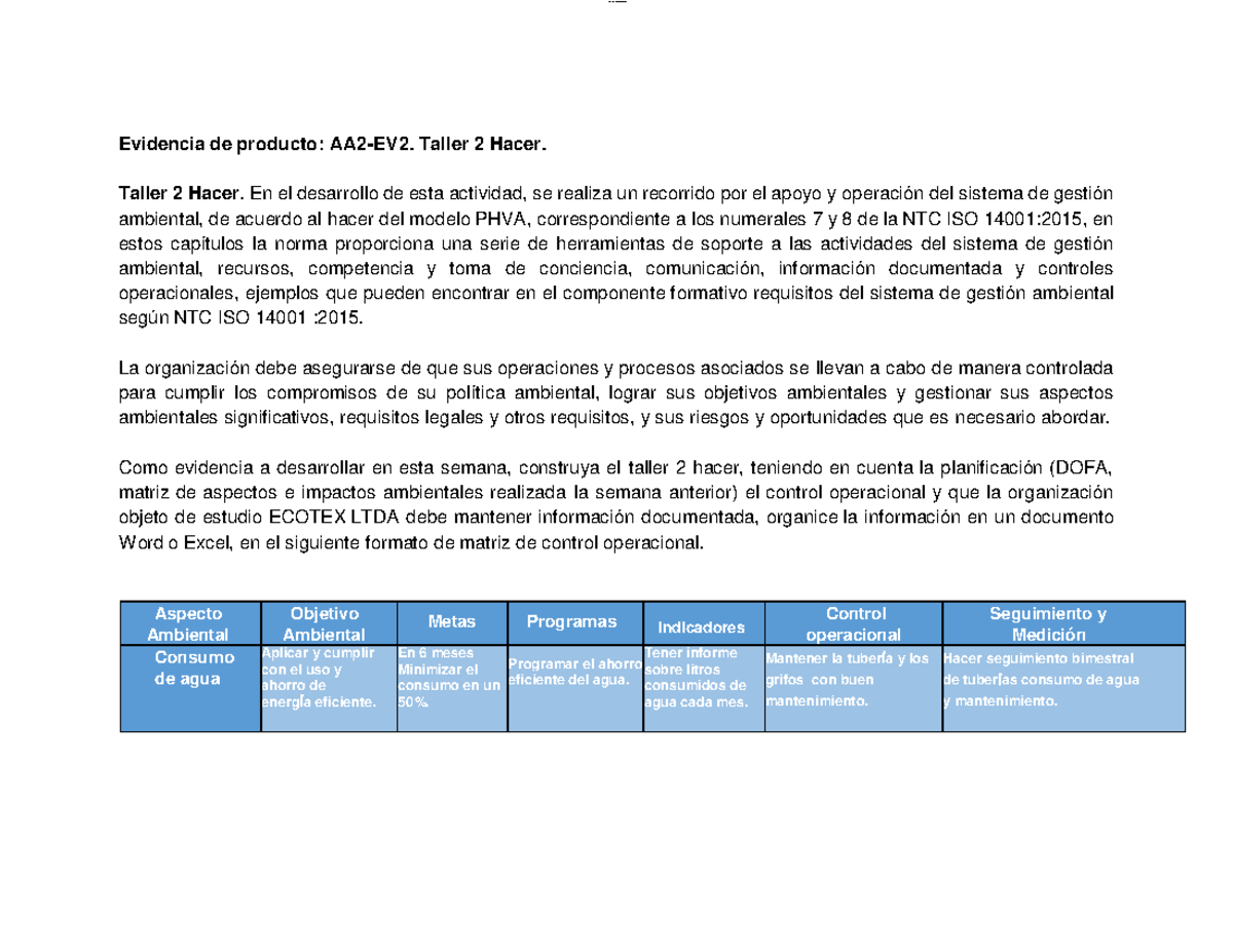Evidencia AA2 - Taller 2: Gestión Ambiental y Control Operacional - Studocu