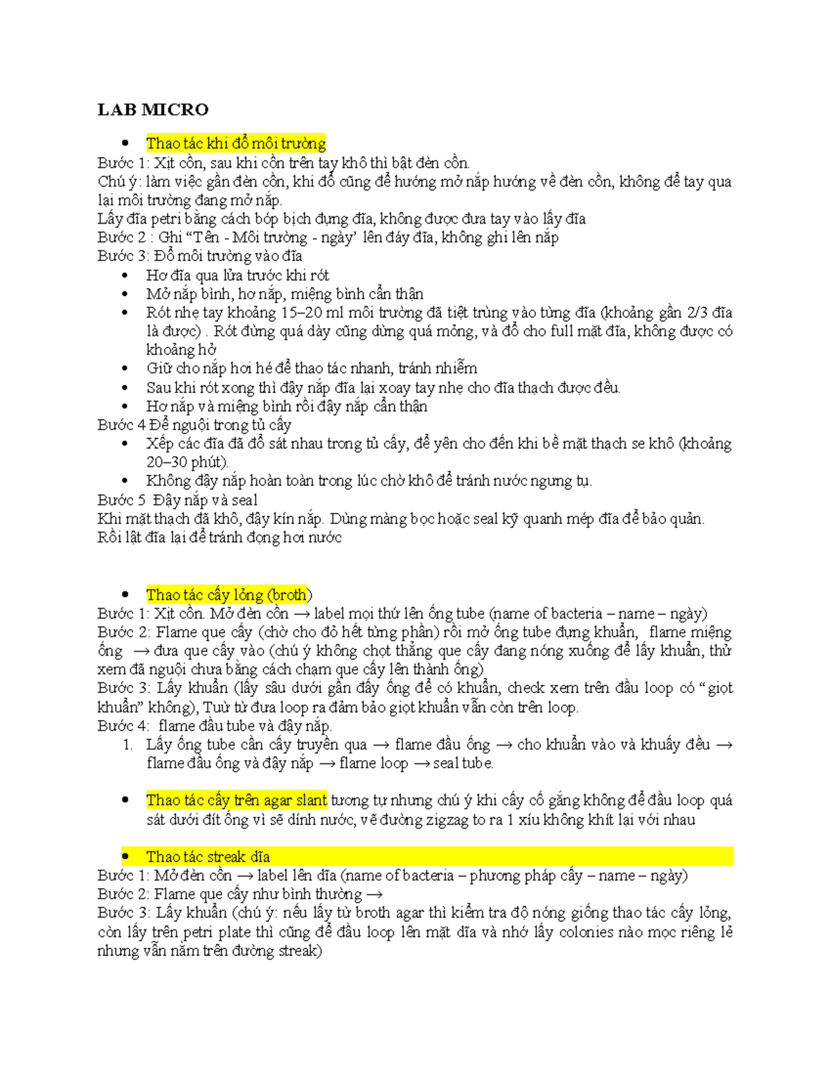 LAB MICRO - Hướng dẫn Thao tác Cấy Vi Khuẩn và Pha Loãng - Studocu