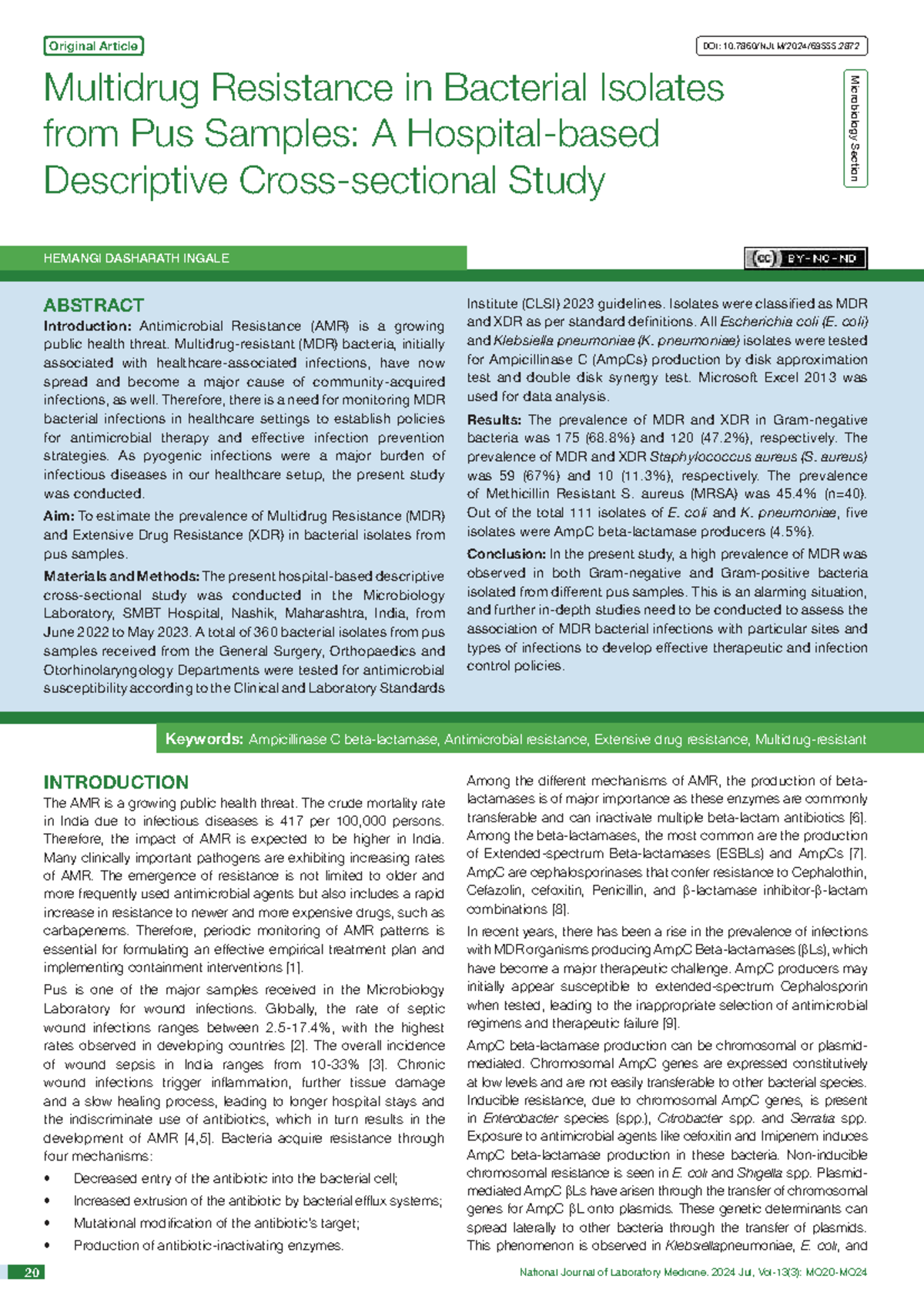 MDR and XDR Bacterial Isolates from Pus Samples: A Descriptive Study ...