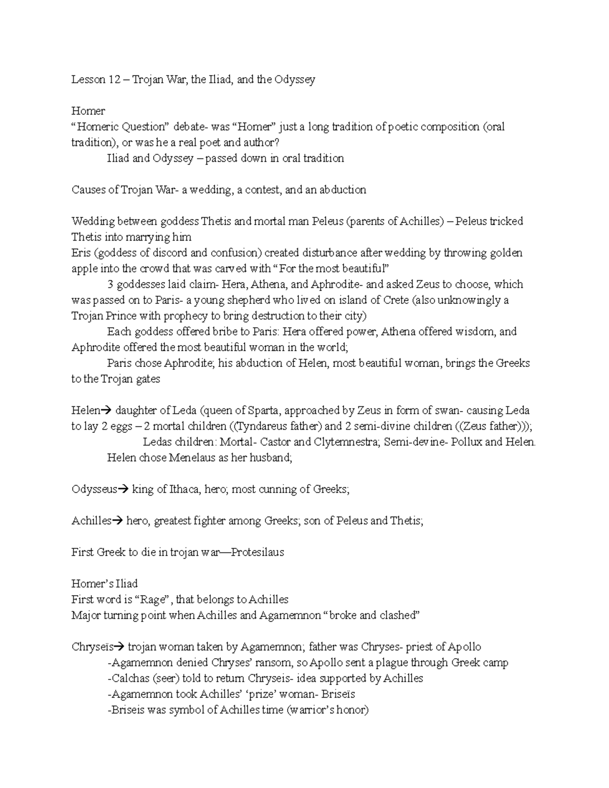 Lesson 12 Notes Trojan War, the Iliad, and the Odyssey - Lesson 12 ...
