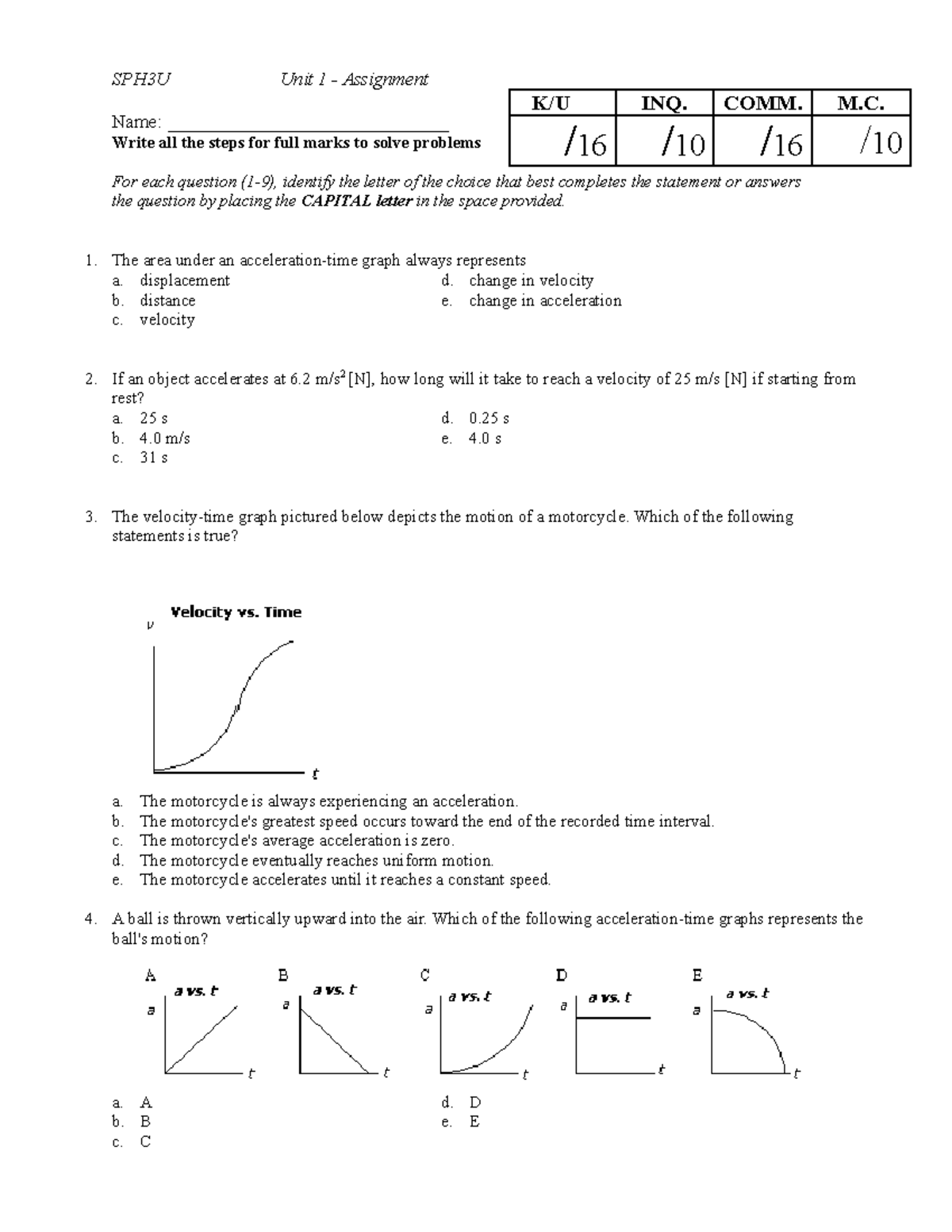 SPH3U Unit 1 Assignment: Kinematics Problems and Solutions - Studocu