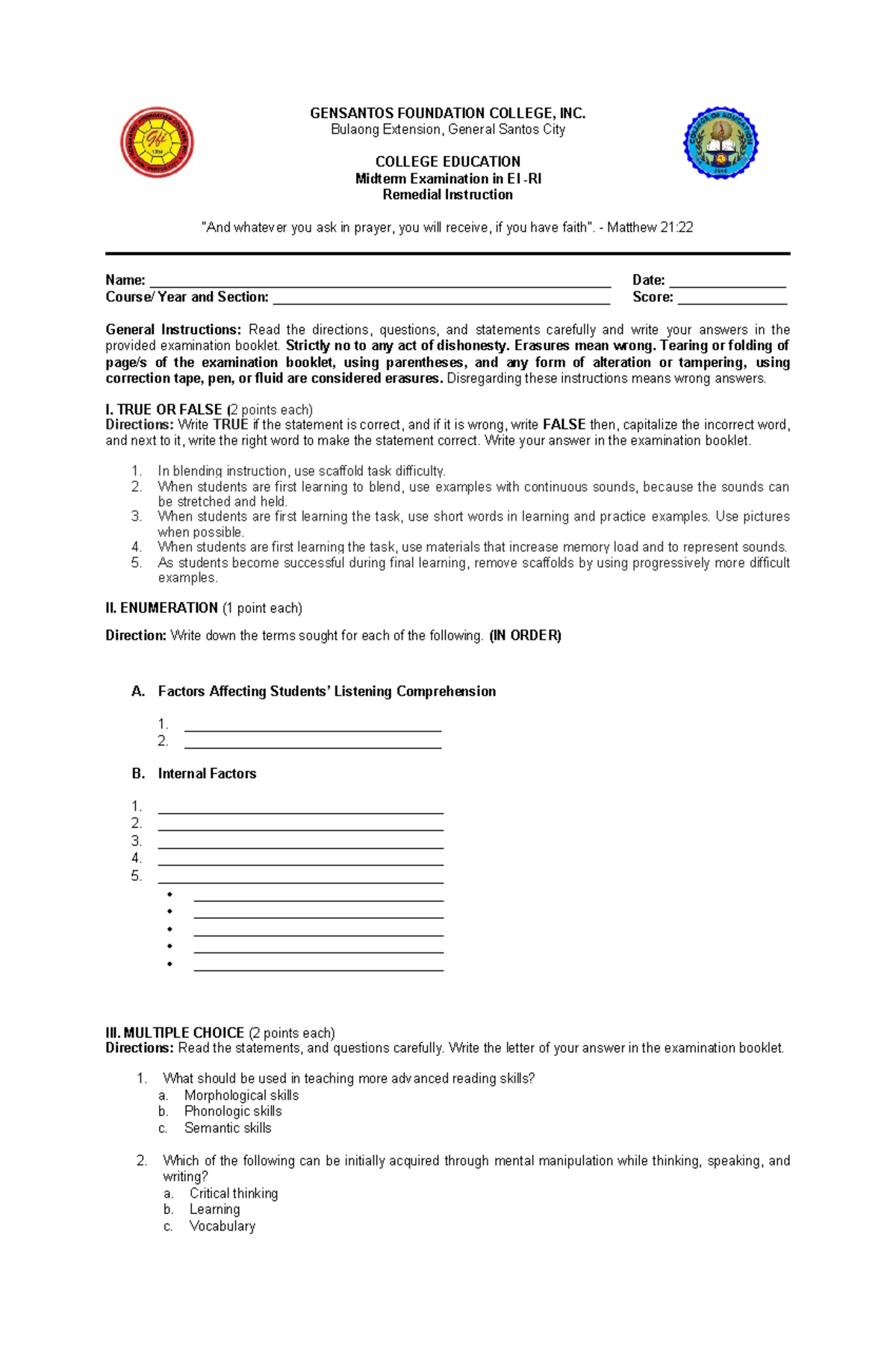 Midterm Exam in Remedial Instruction (EI-RI) - GENSANTOS Foundation ...