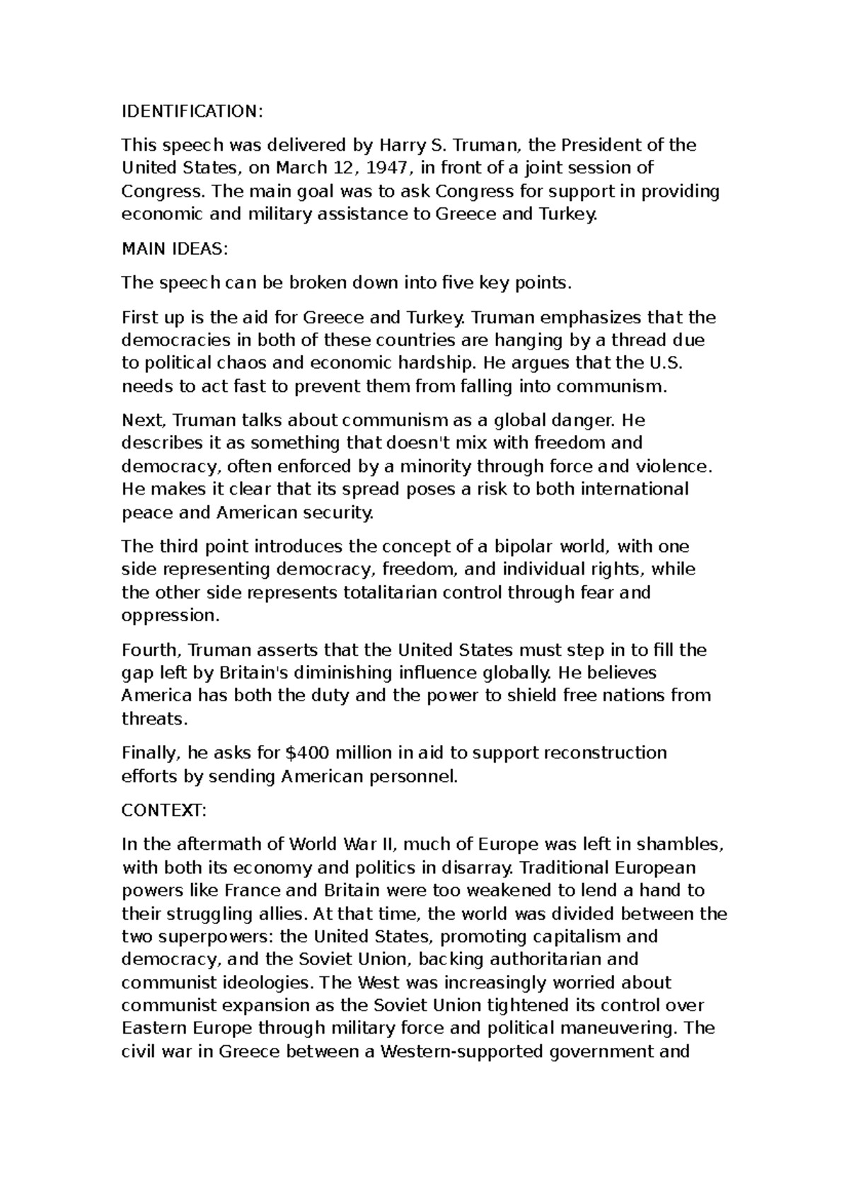 Truman Doctrine Test Analysis: Key Points and Context - Studocu