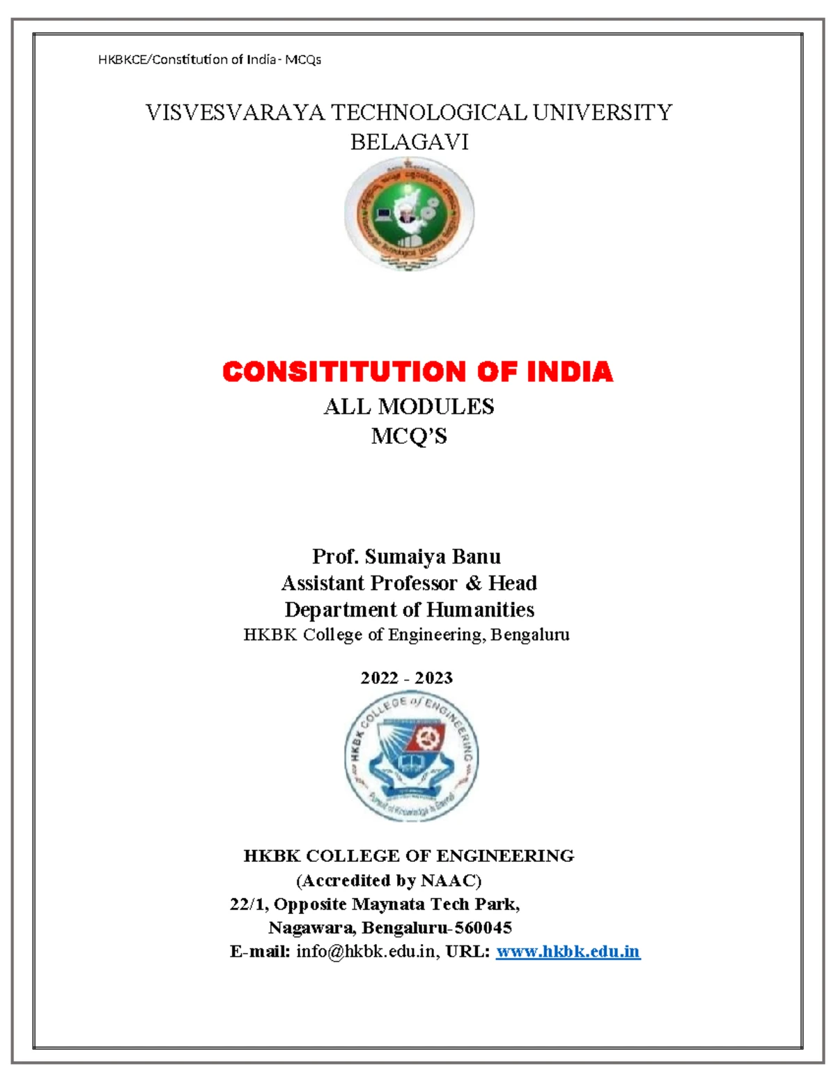 1st Study Material Indian Constitution Bicok 107 207 - Rajashekar M N, Asst. Professor & Head ...