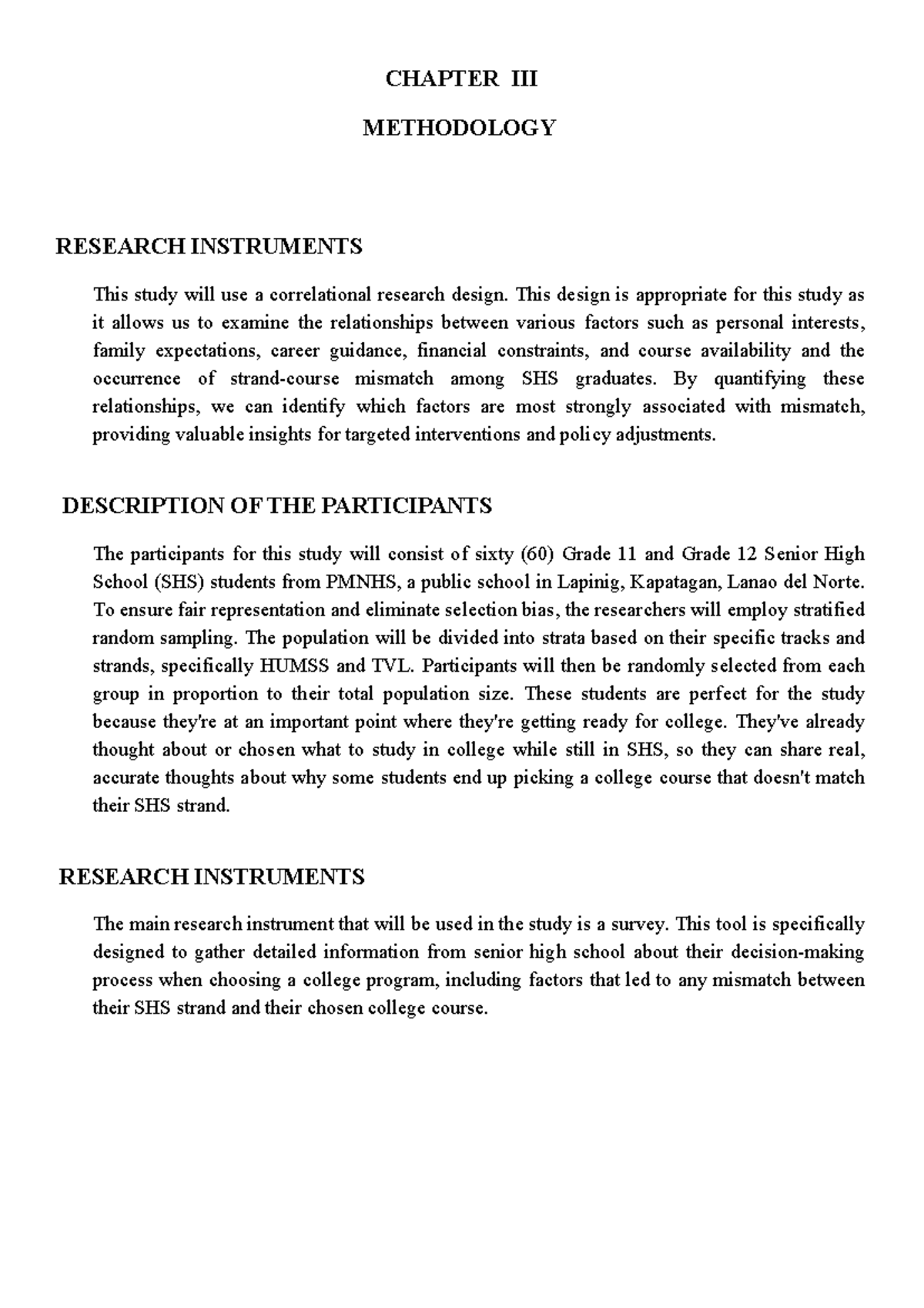 CHAPTER METHODOLOGY: RESEARCH INSTRUMENTS FOR SHS MISMATCH STUDY - Studocu