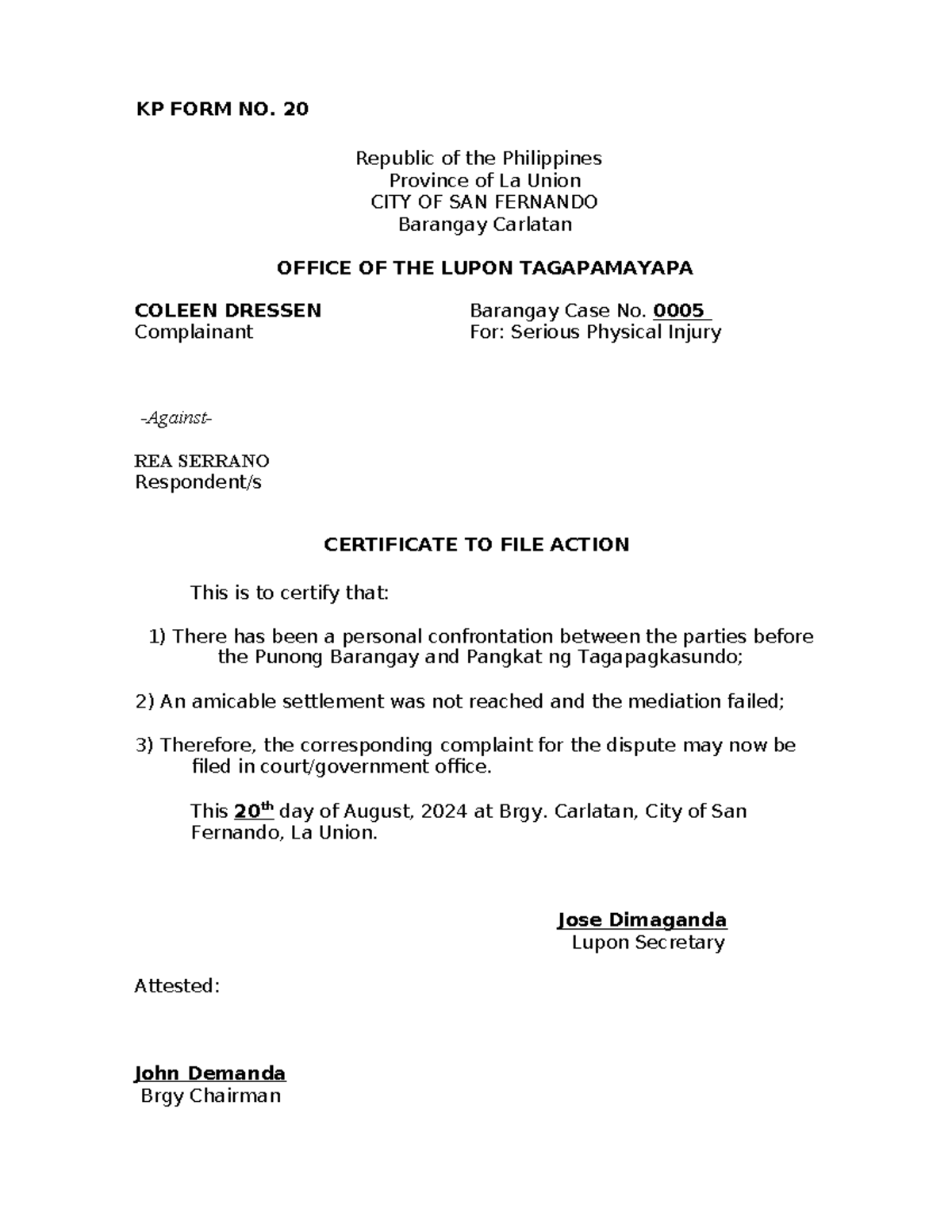 KP Form 20 - Certificate for Filing Action in Barangay Case - Studocu