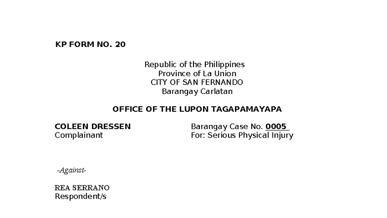 KP Form 20 - Certificate for Filing Action in Barangay Case - Studocu