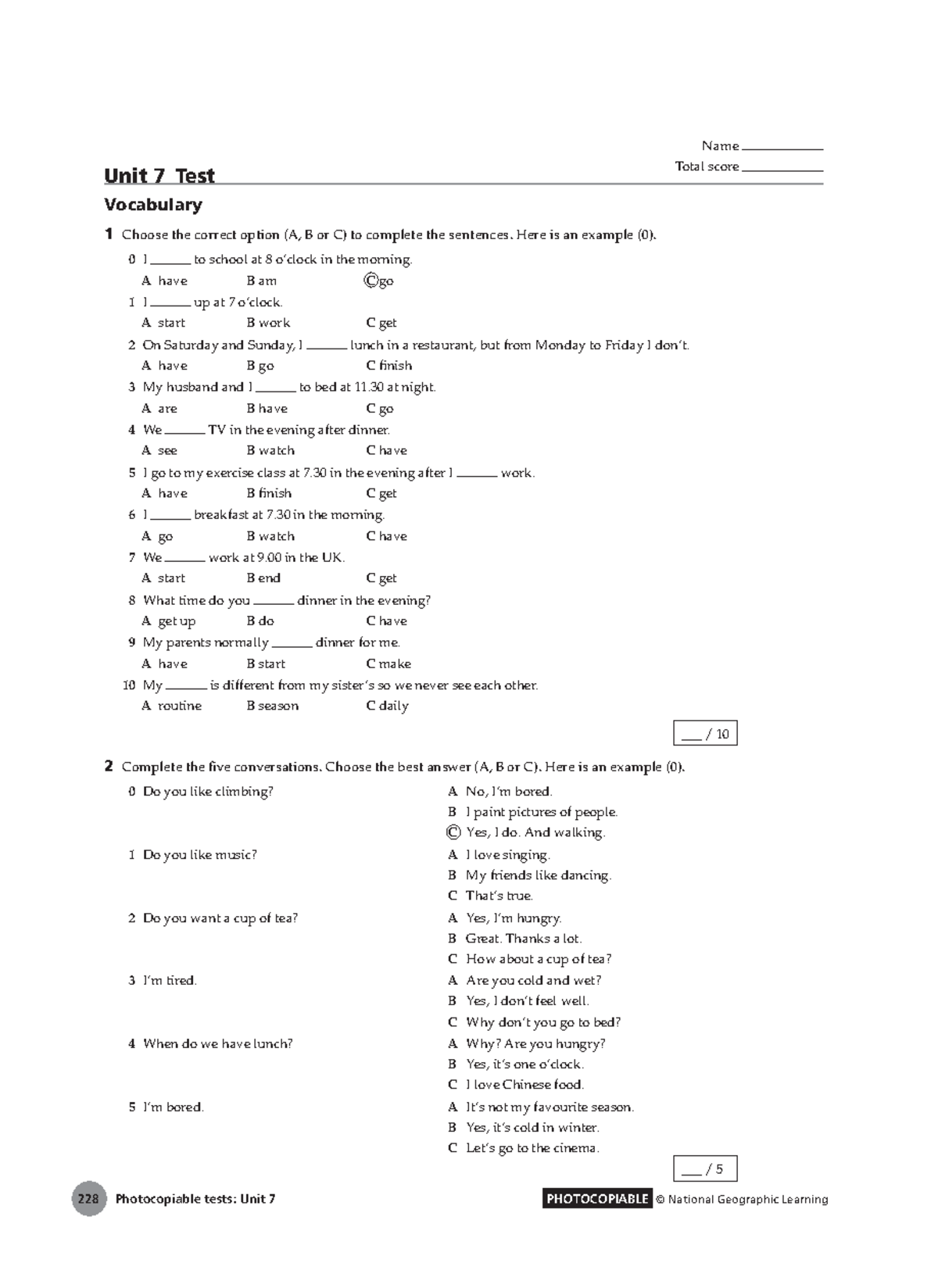 Unit 7-12 - 228 Photocopiable tests: Unit 7 PHOTOCOPIABLE © National ...